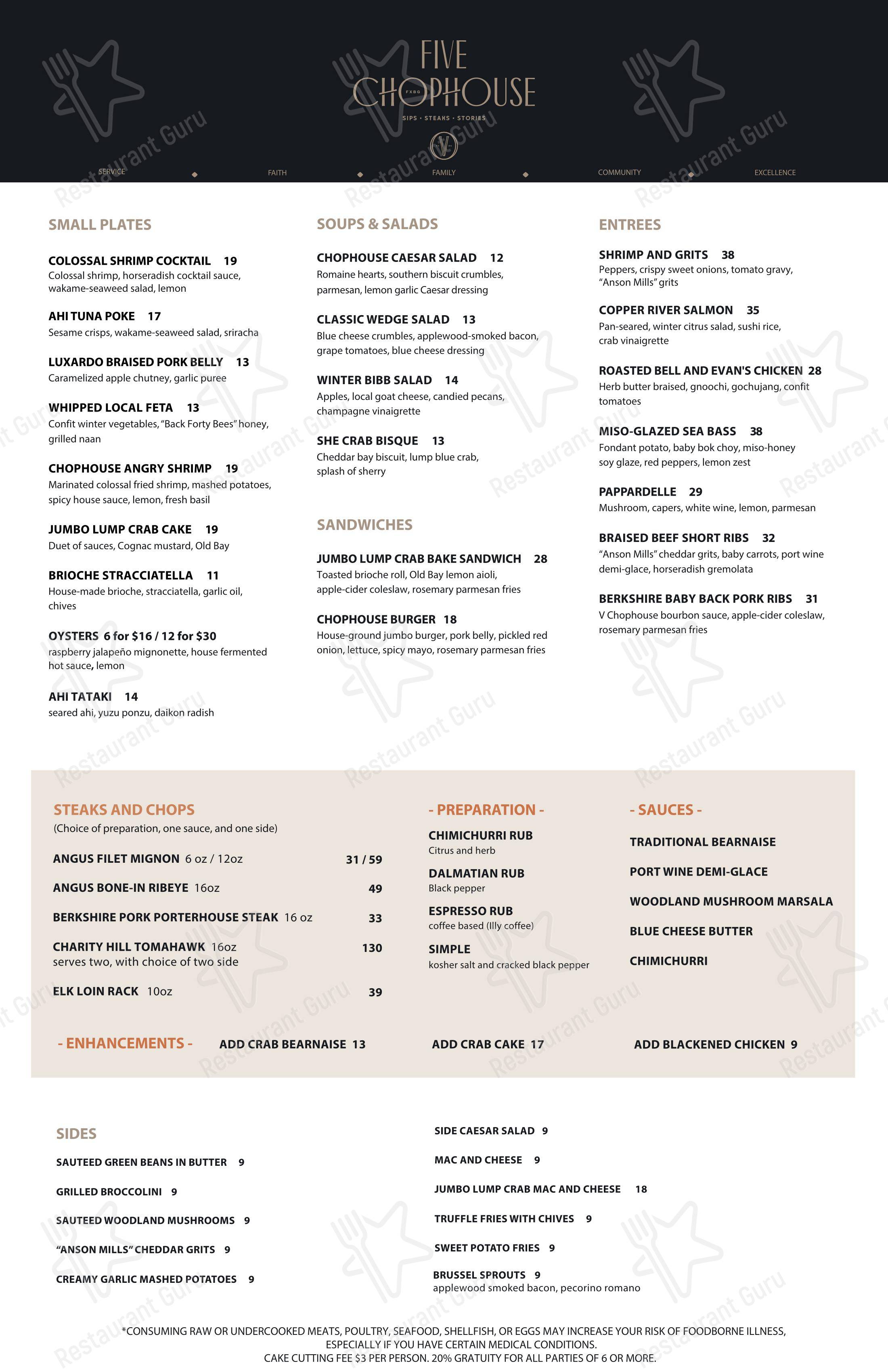 Menu at Five Chophouse & Bar, Fredericksburg