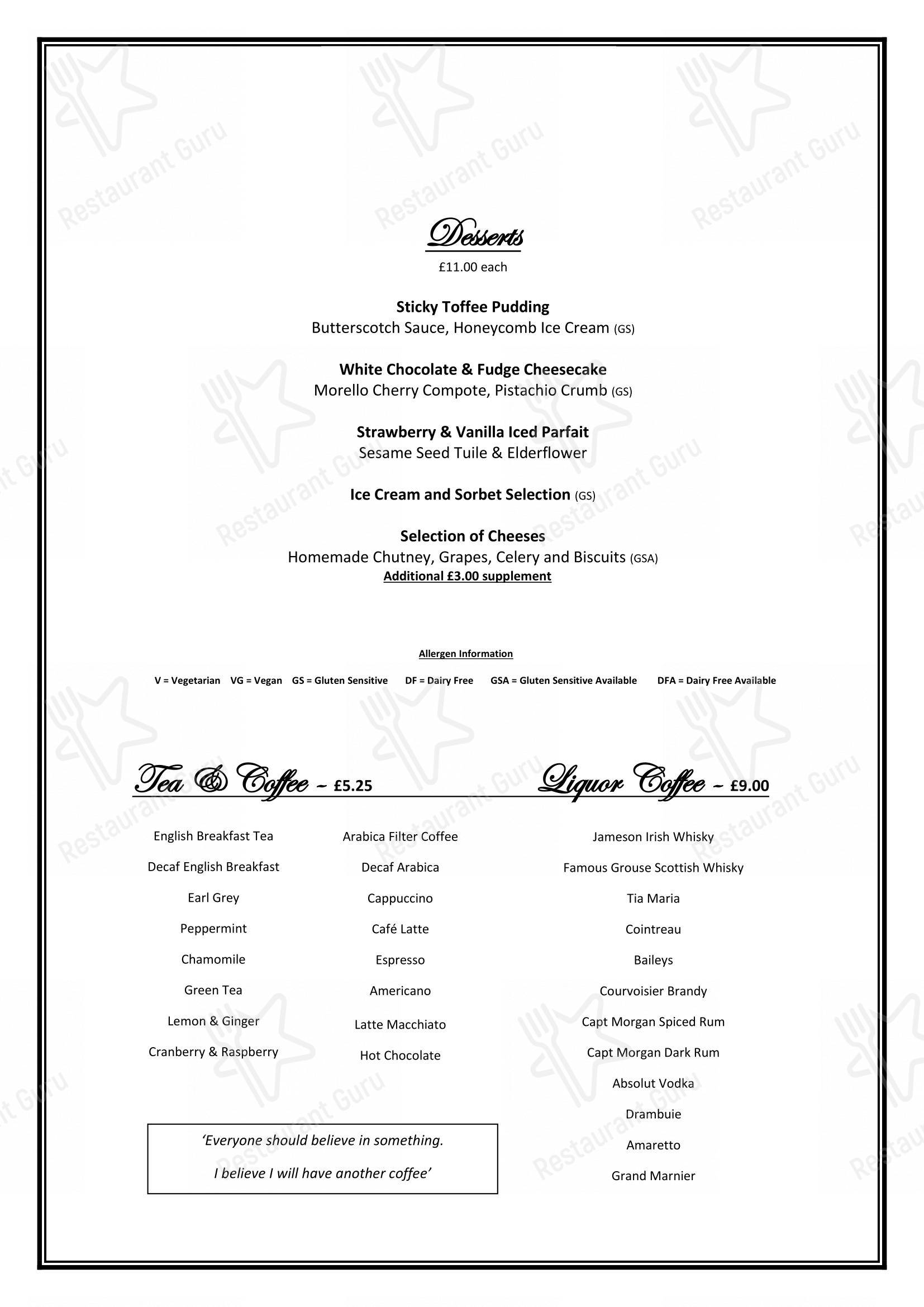 Menu at Flitwick Manor Hotel restaurant, Westoning