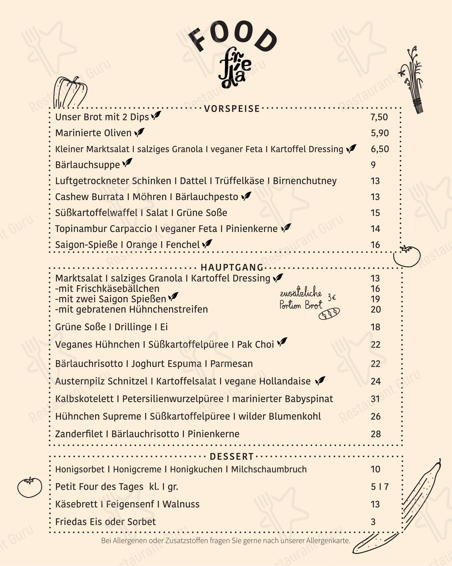 Speisekarte von Frieda restaurant, Kassel