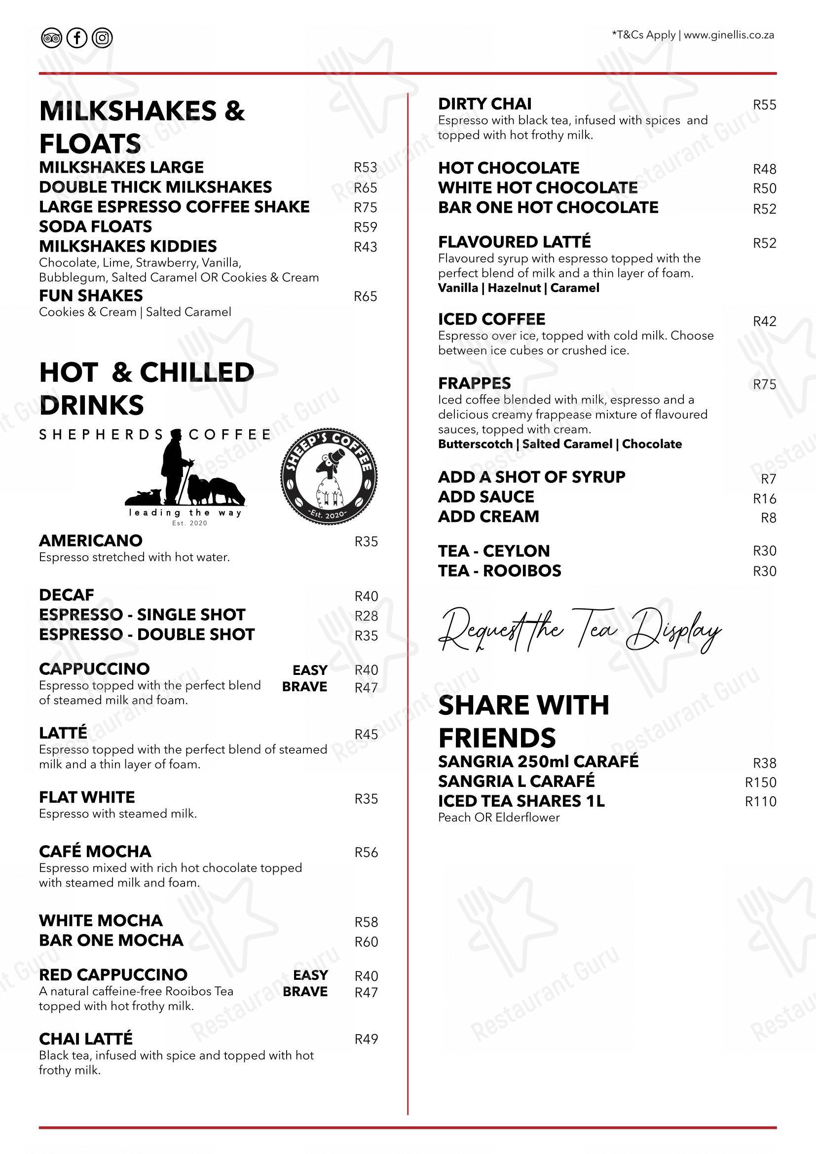 Menu at Ginellis Restaurant, Middelburg, Shop no. 3
