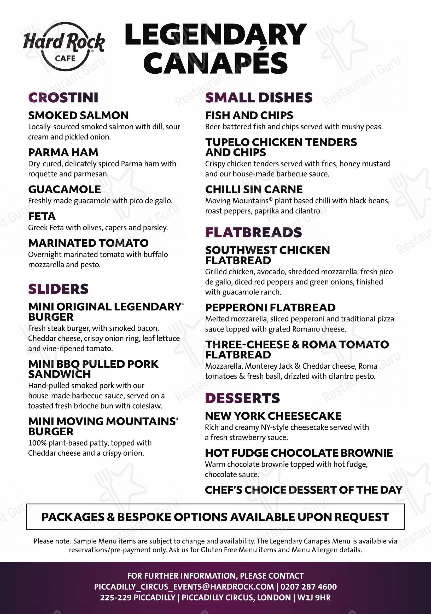 Menu at Hard Rock CAFE at Playa de las Americas, Playa de las Américas