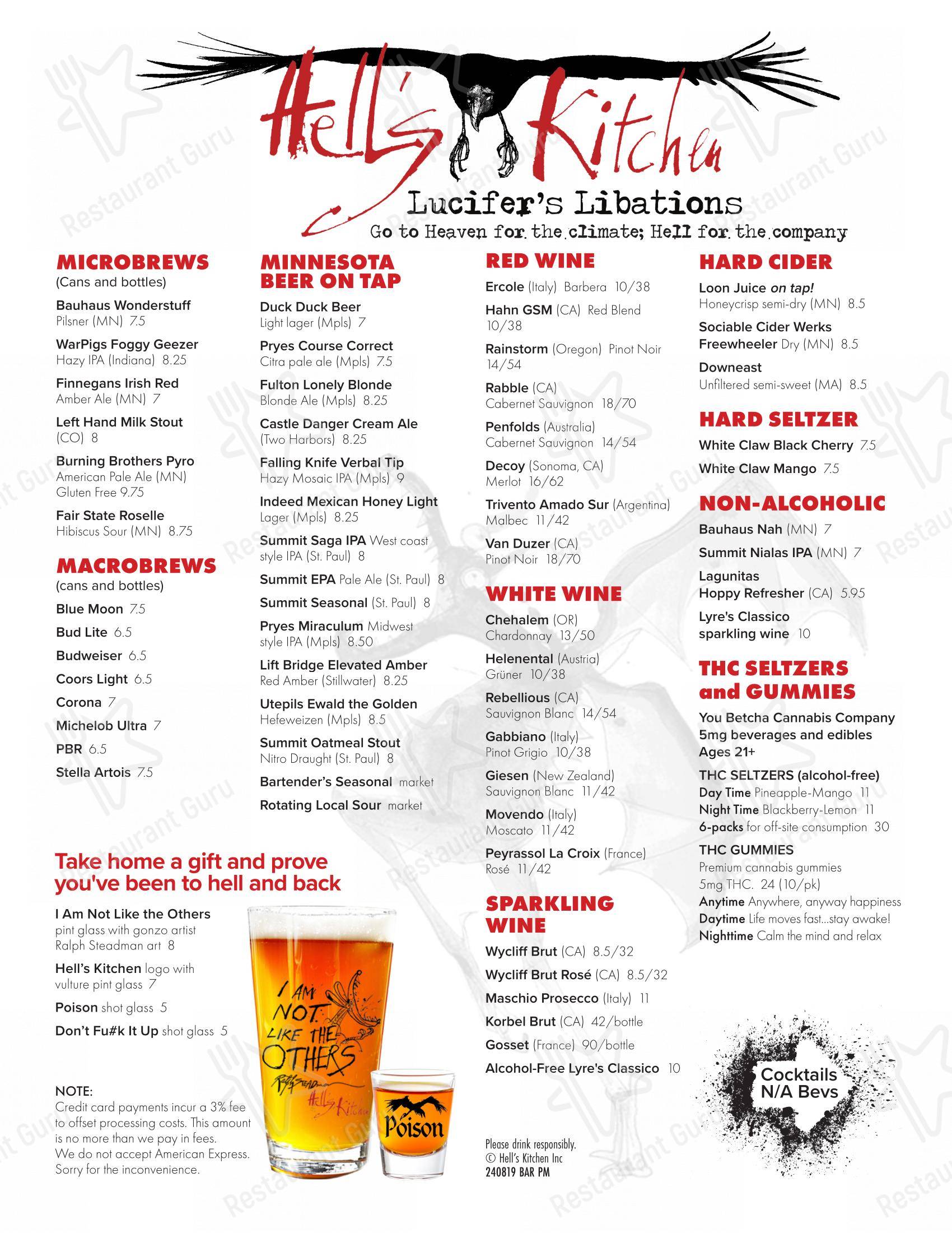 Menu at Hell's Kitchen Inc. restaurant, Minneapolis, 80 S 9th St