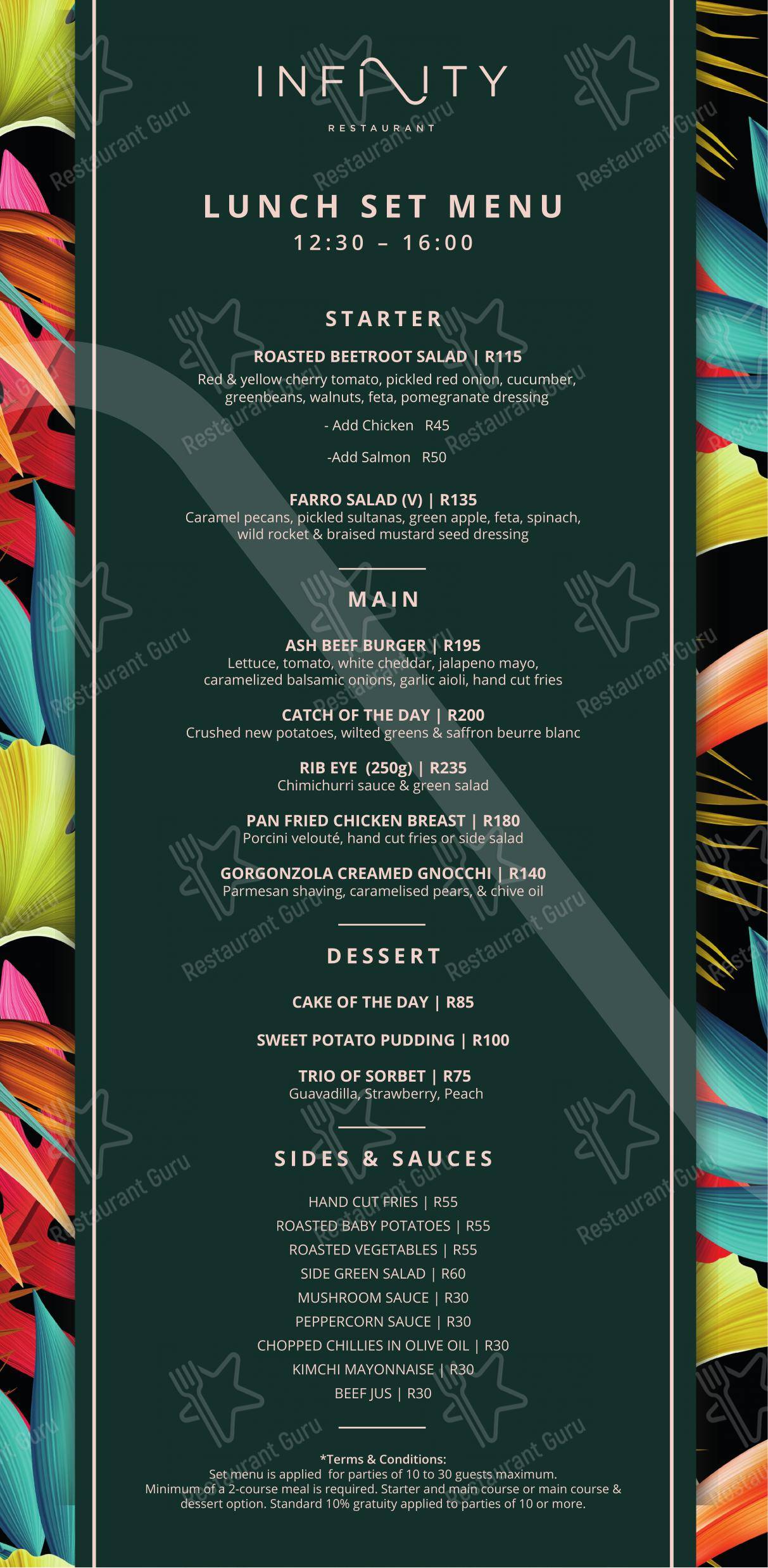 Menu at Infinity Restaurant, Cape Town