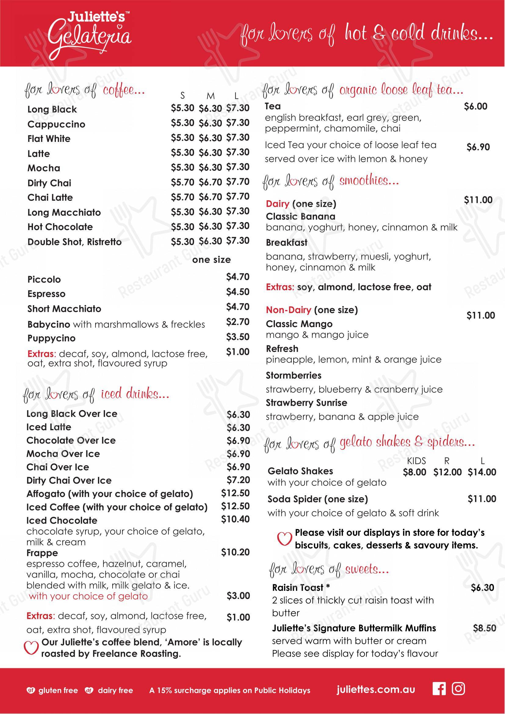 Menu at Juliette's cafe, North Ward