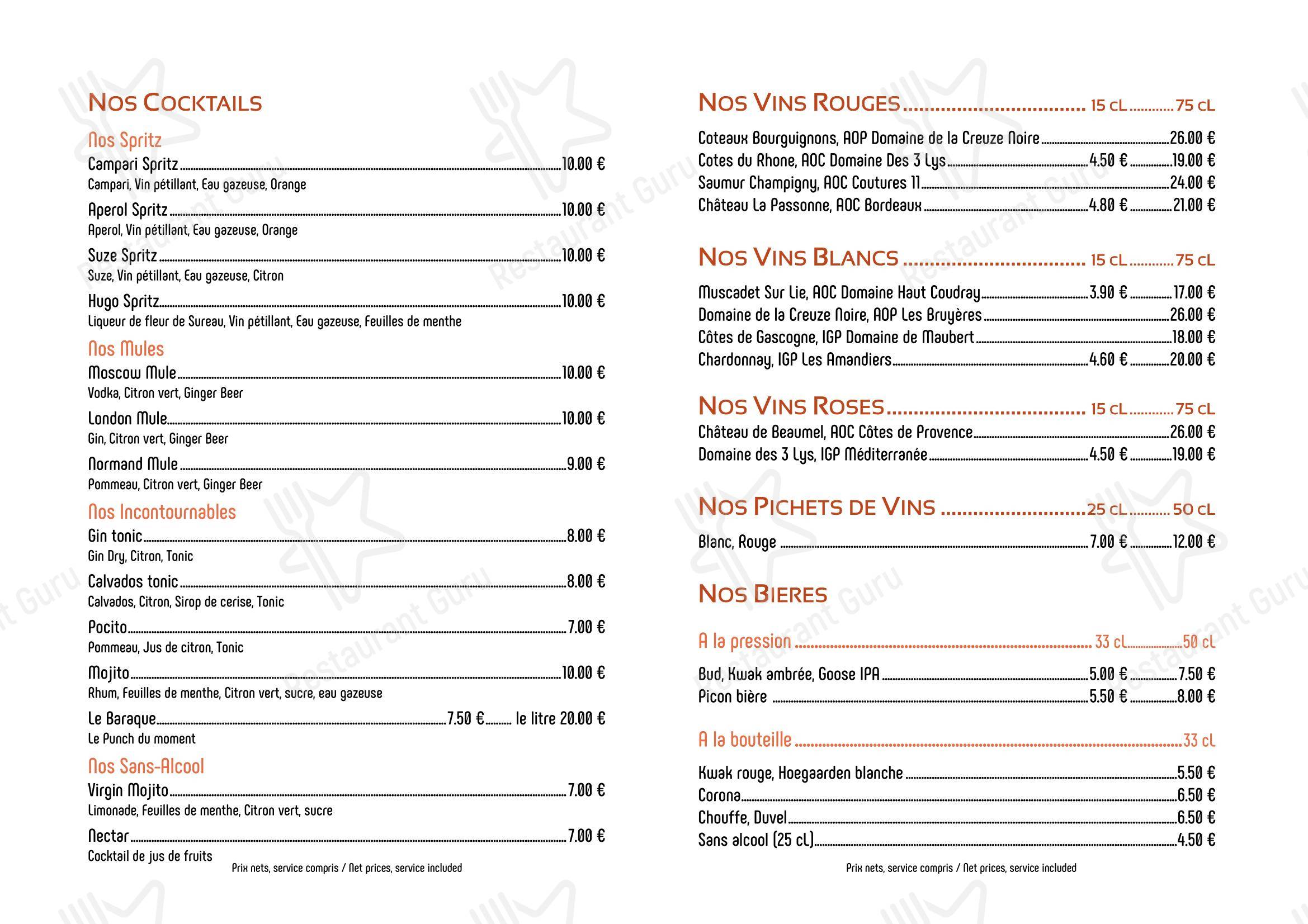 Menu at LA BARAQUE, Ouistreham