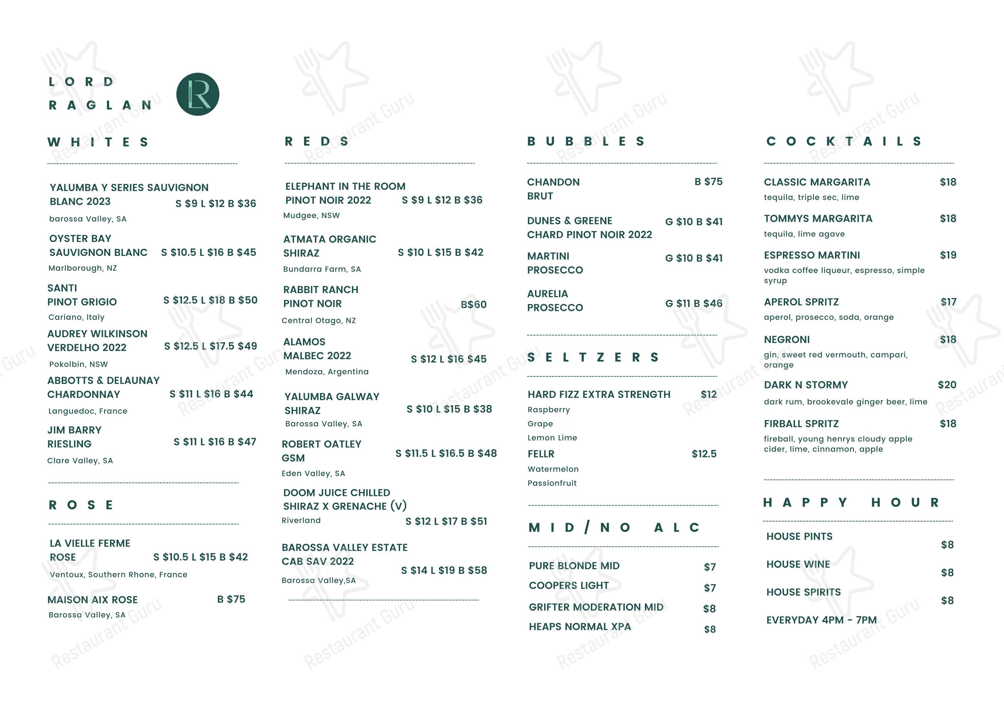 Menu at Lord Raglan Hotel pub & bar, Alexandria