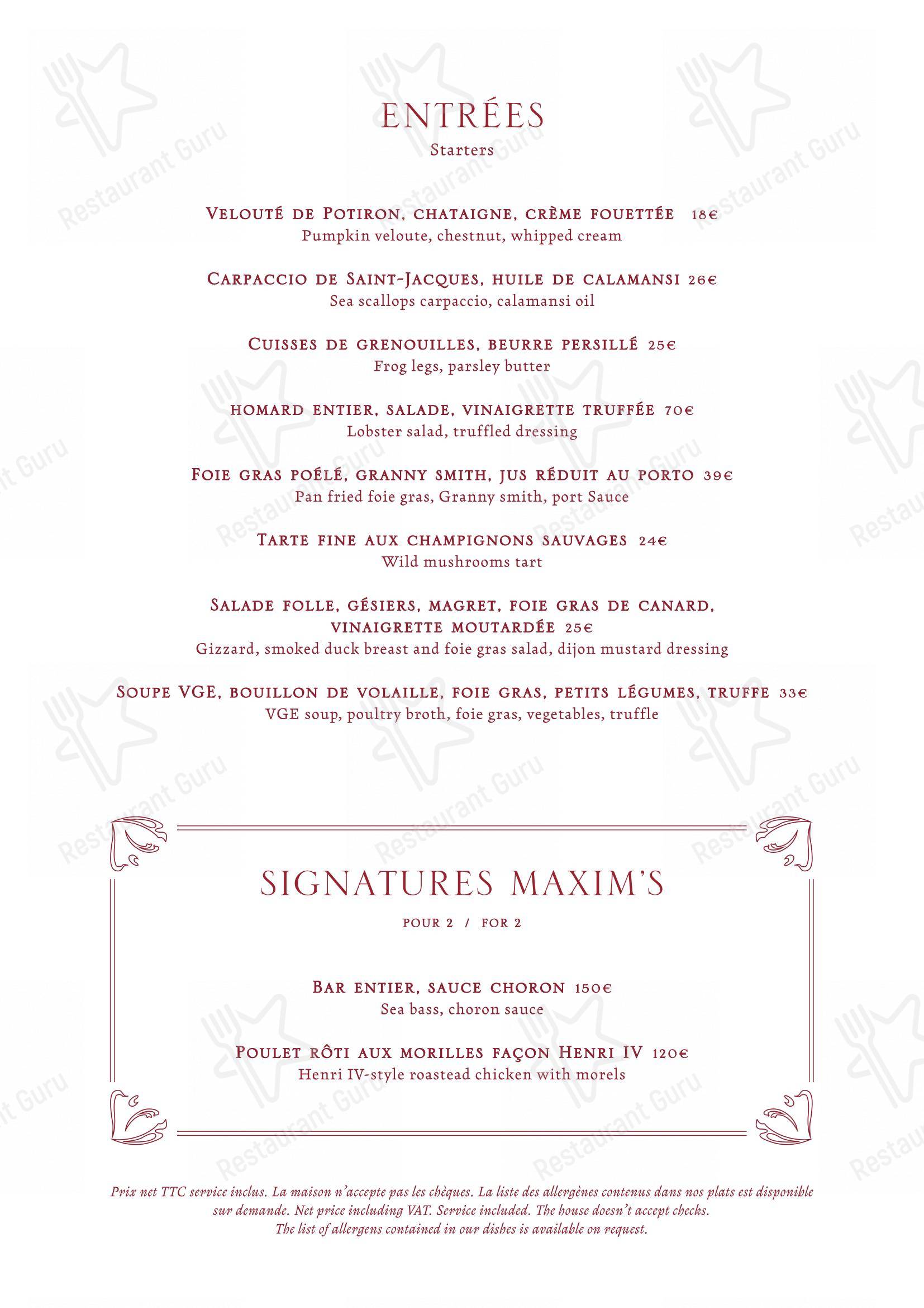 Menu at Maxim's de Paris restaurant, Paris, 3 Royale Street