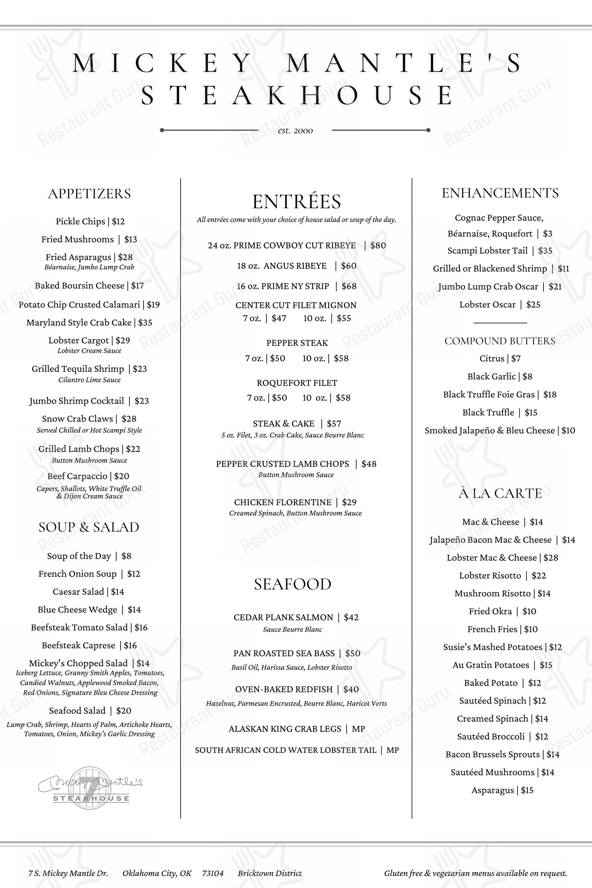 Menu at Mickey Mantle's Steakhouse, Oklahoma City, 7 S Mickey Mantle Dr