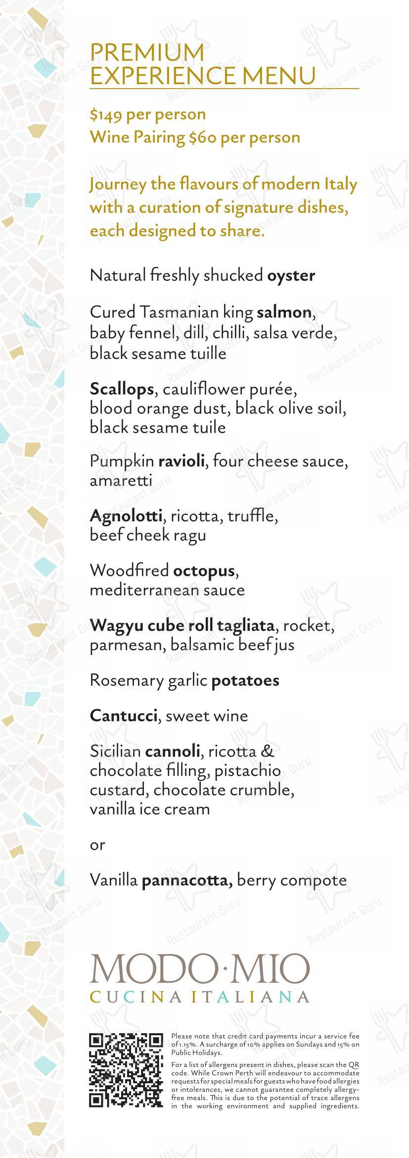 Menu at Modo Mio restaurant, Burswood, Crown Perth