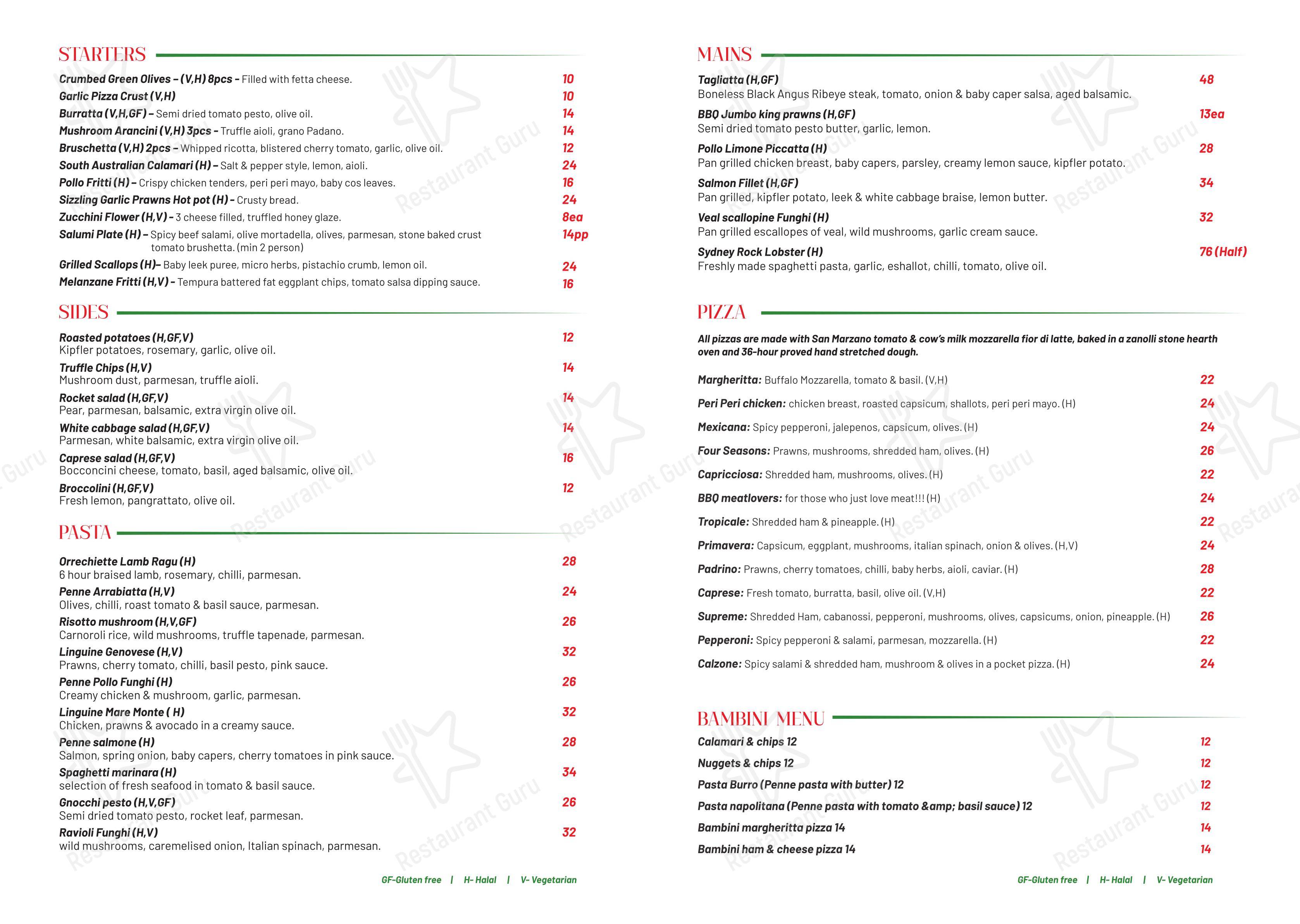 Menu at Padrino Italian restaurant, Mount Lewis