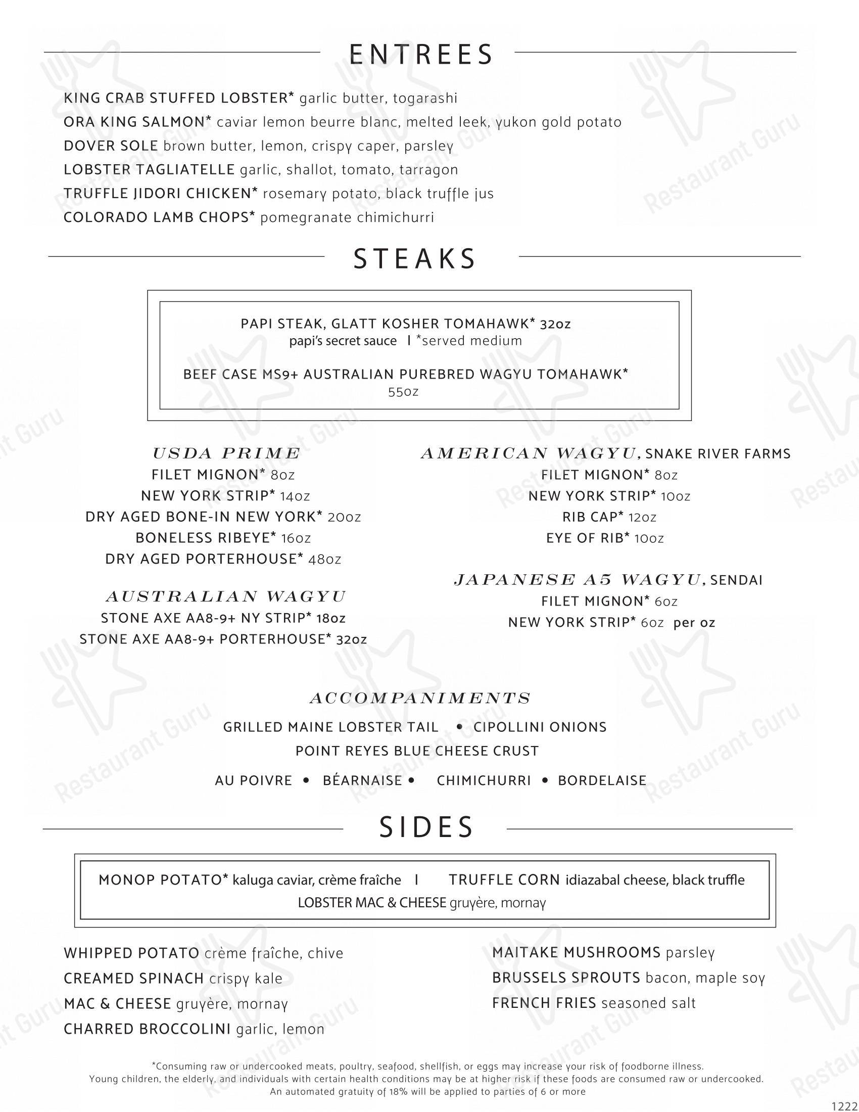 Menu at Papi Steak Las Vegas steakhouse, Las Vegas