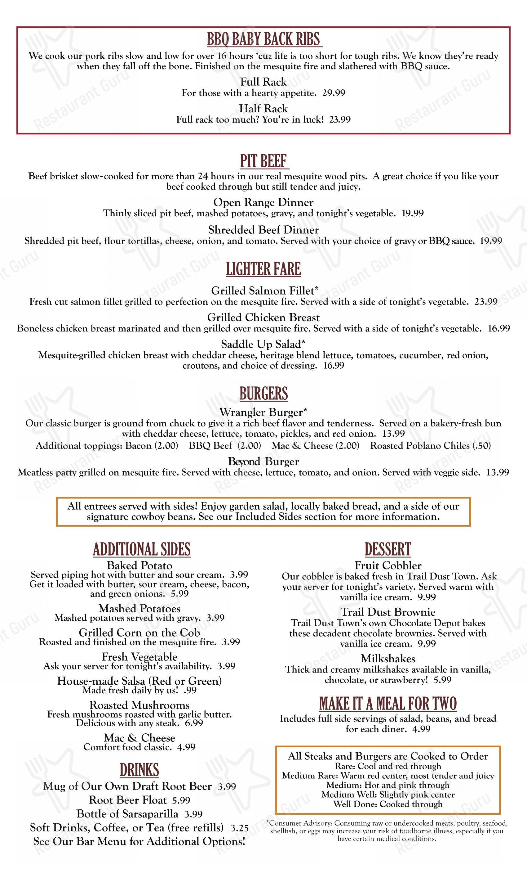 Menu at Pinnacle Peak pub & bar, Tucson