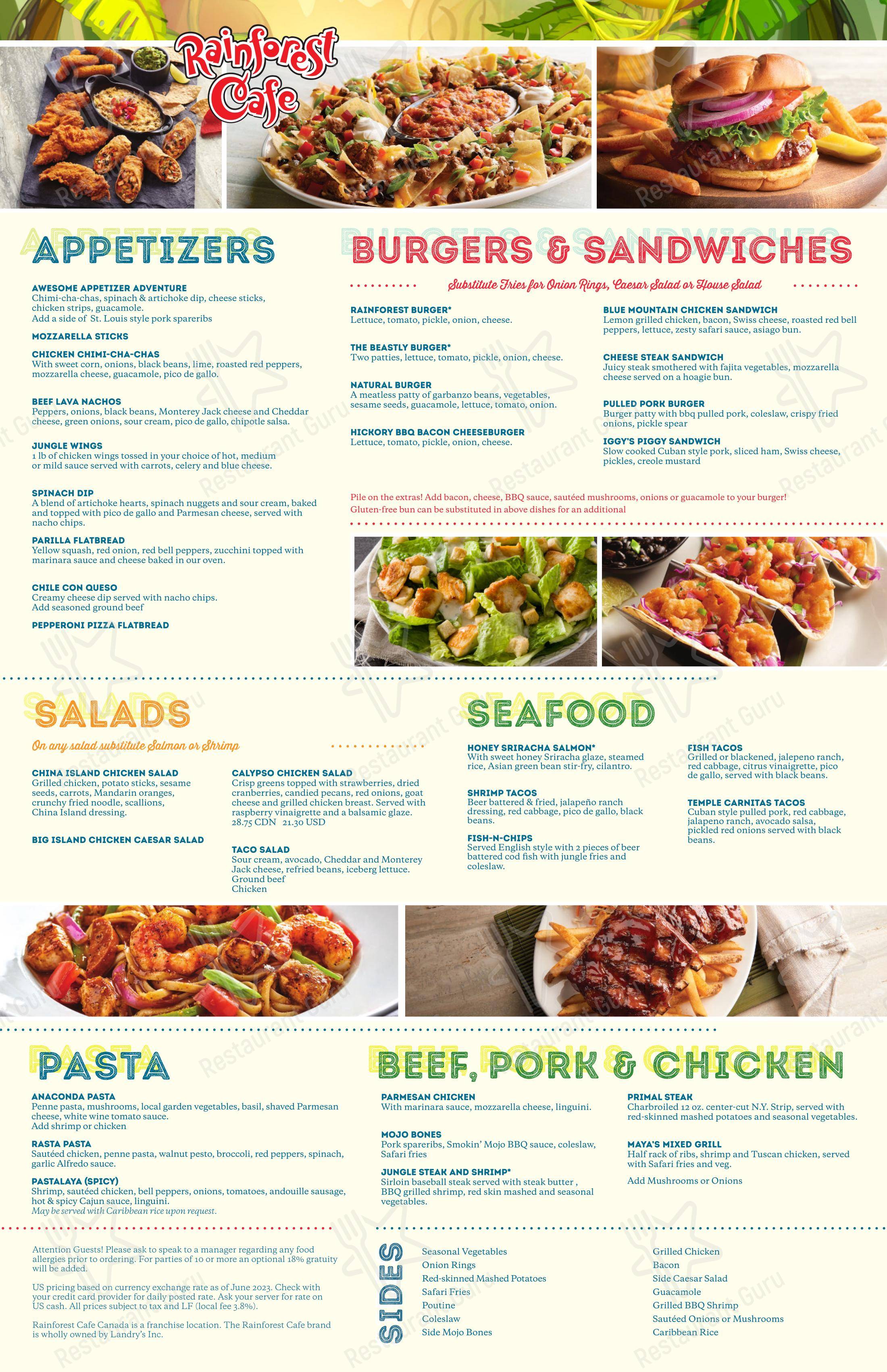 Menu at Rainforest Cafe Niagara Falls Canada, Niagara Falls, Clifton Hill