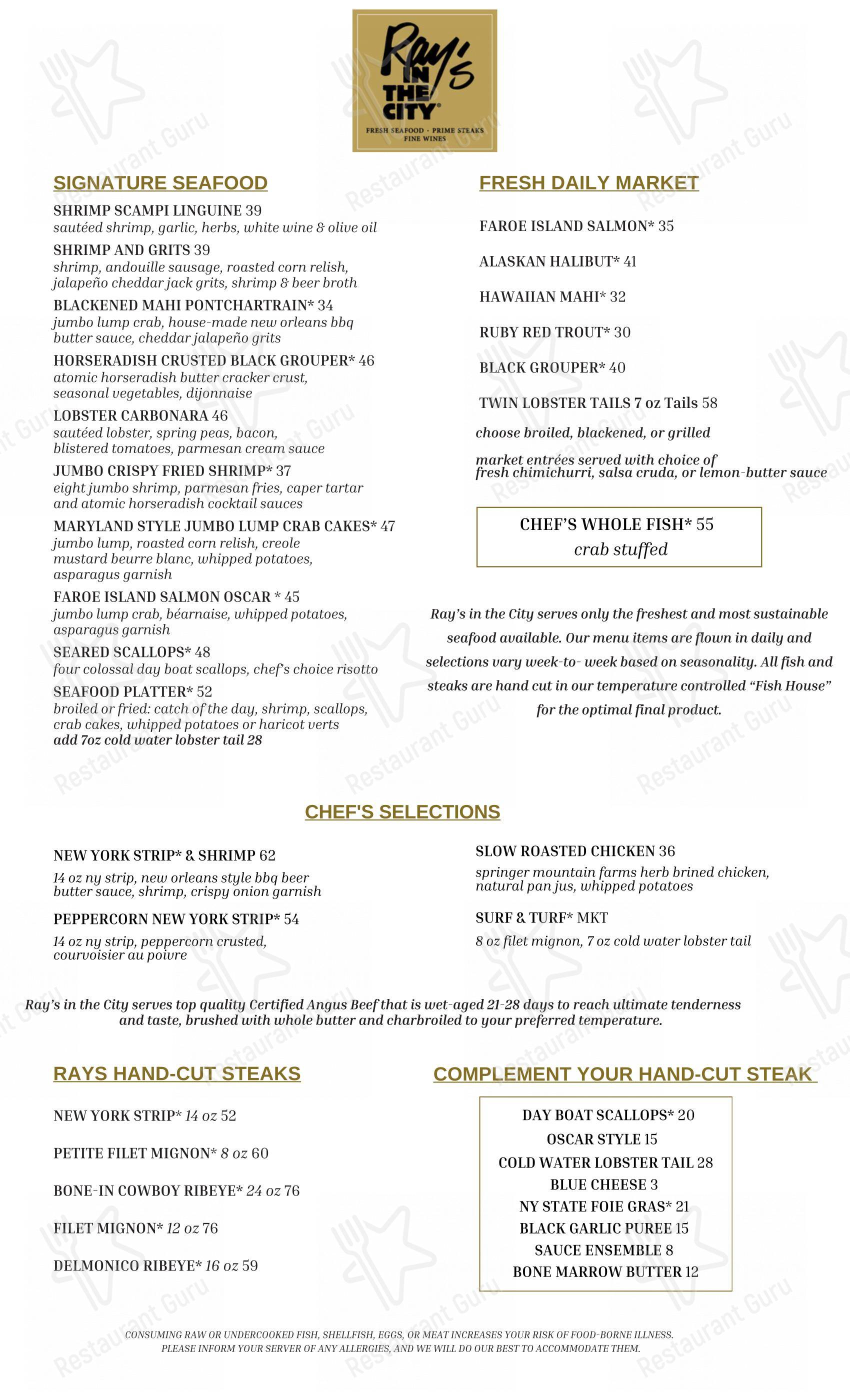 Menu at Ray's In the City restaurant, Atlanta, 240 Peachtree St