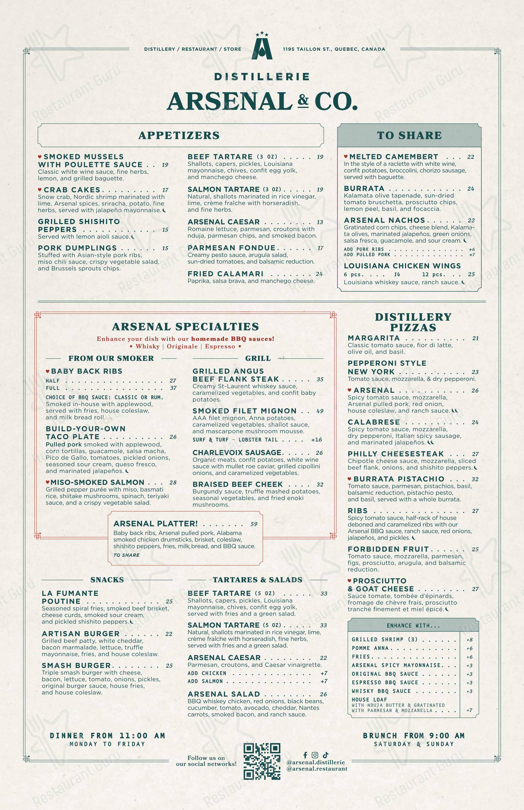 Menu au Restaurant Arsenal & Co., Québec