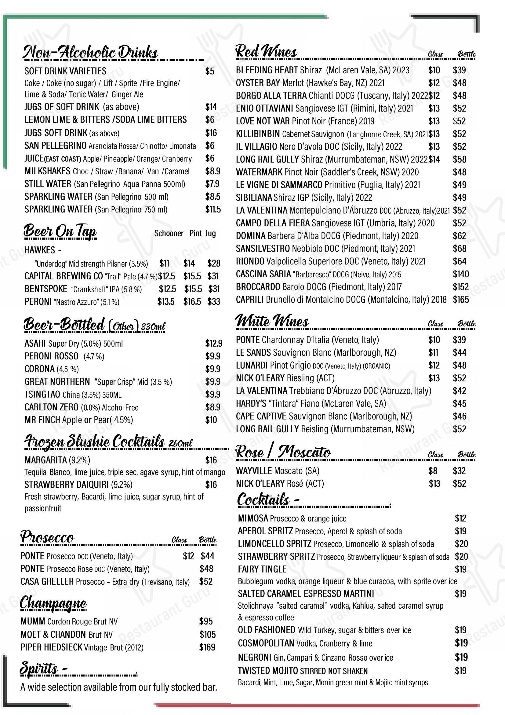 Menu at SoLita Pizzeria, Restaurant & Bar, Canberra