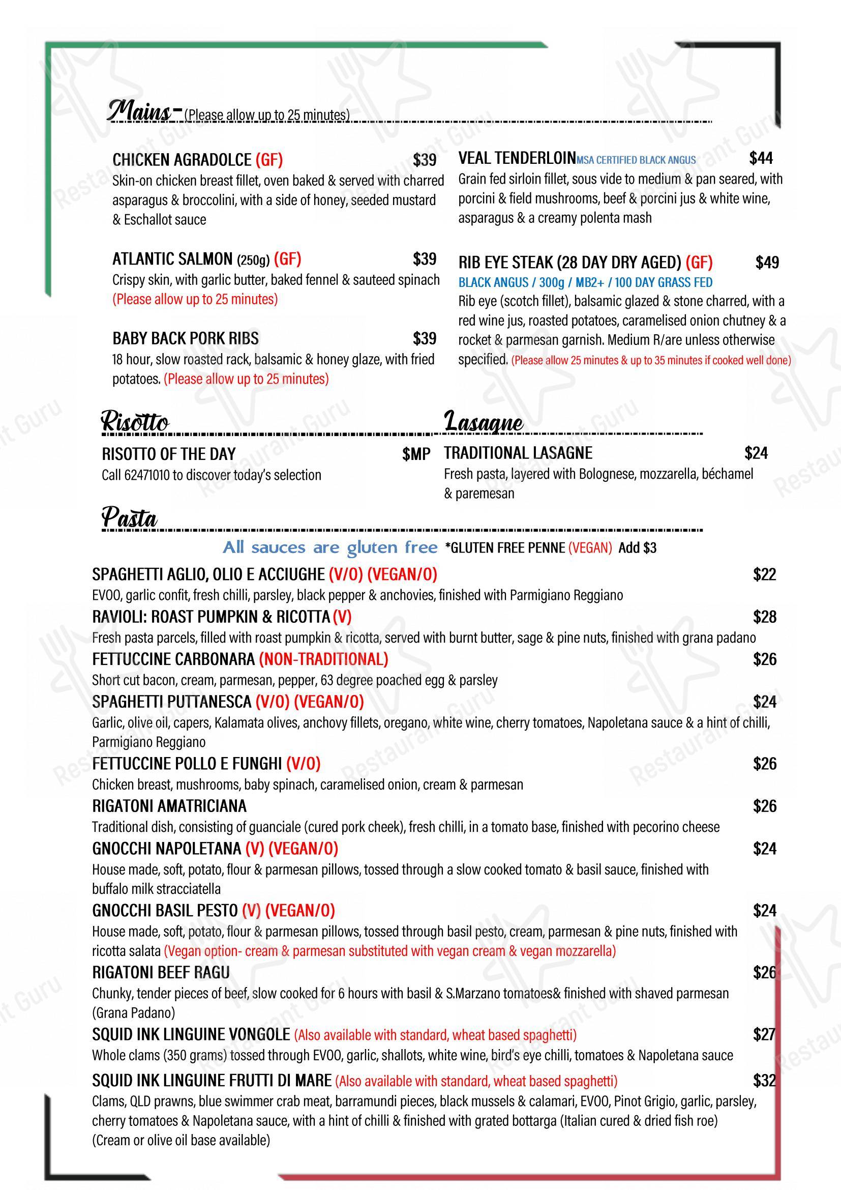 Menu at SoLita Pizzeria, Restaurant & Bar, Canberra