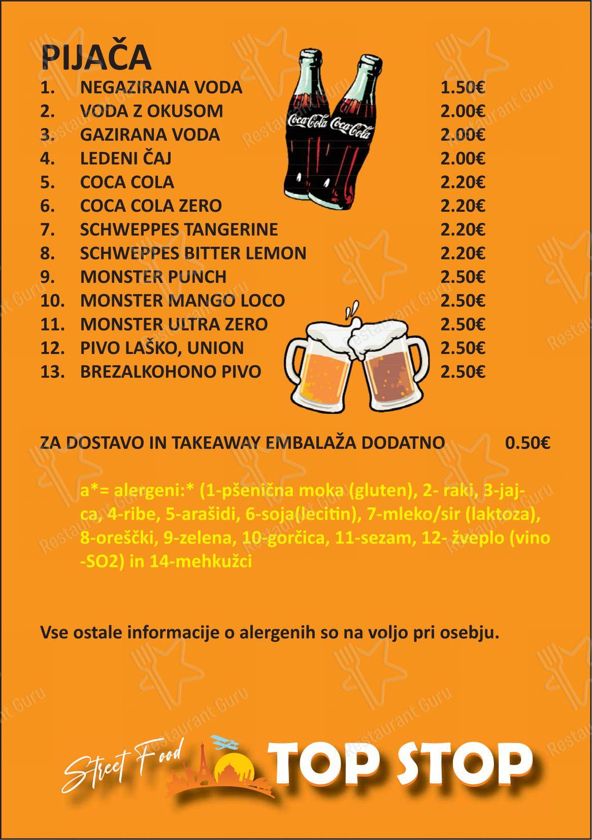 Menu au Street Food Top Stop restaurant, Kranj