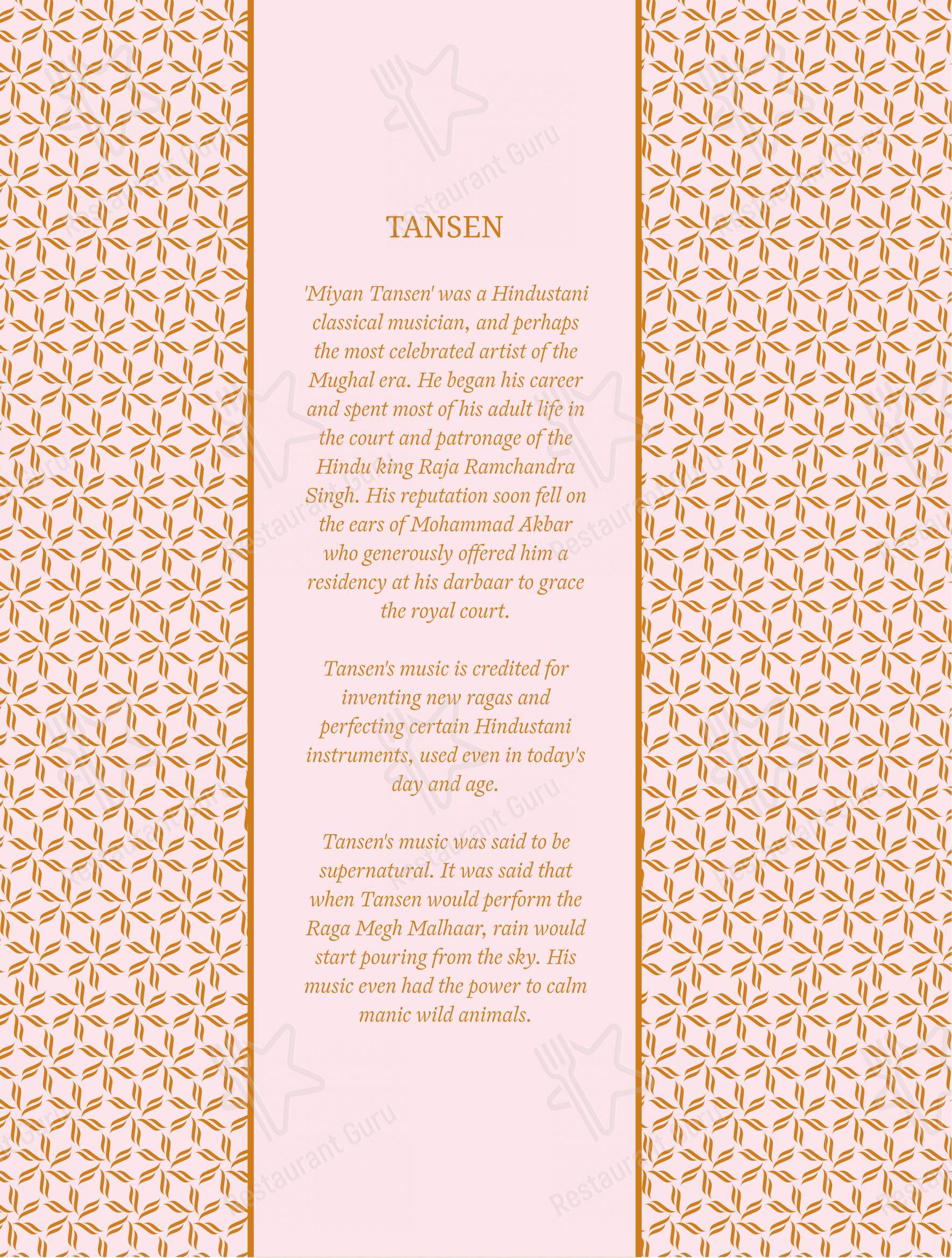 Menu at Tansen, Hyderabad, Sy No. 332 & 333