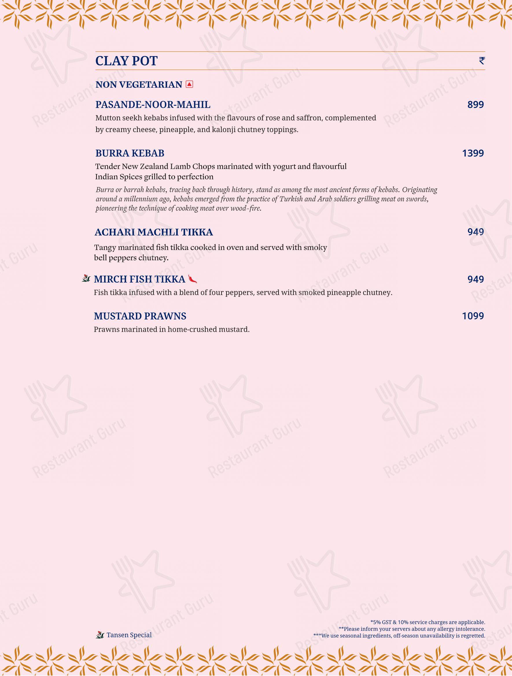 Menu at Tansen, Hyderabad, Sy No. 332 & 333