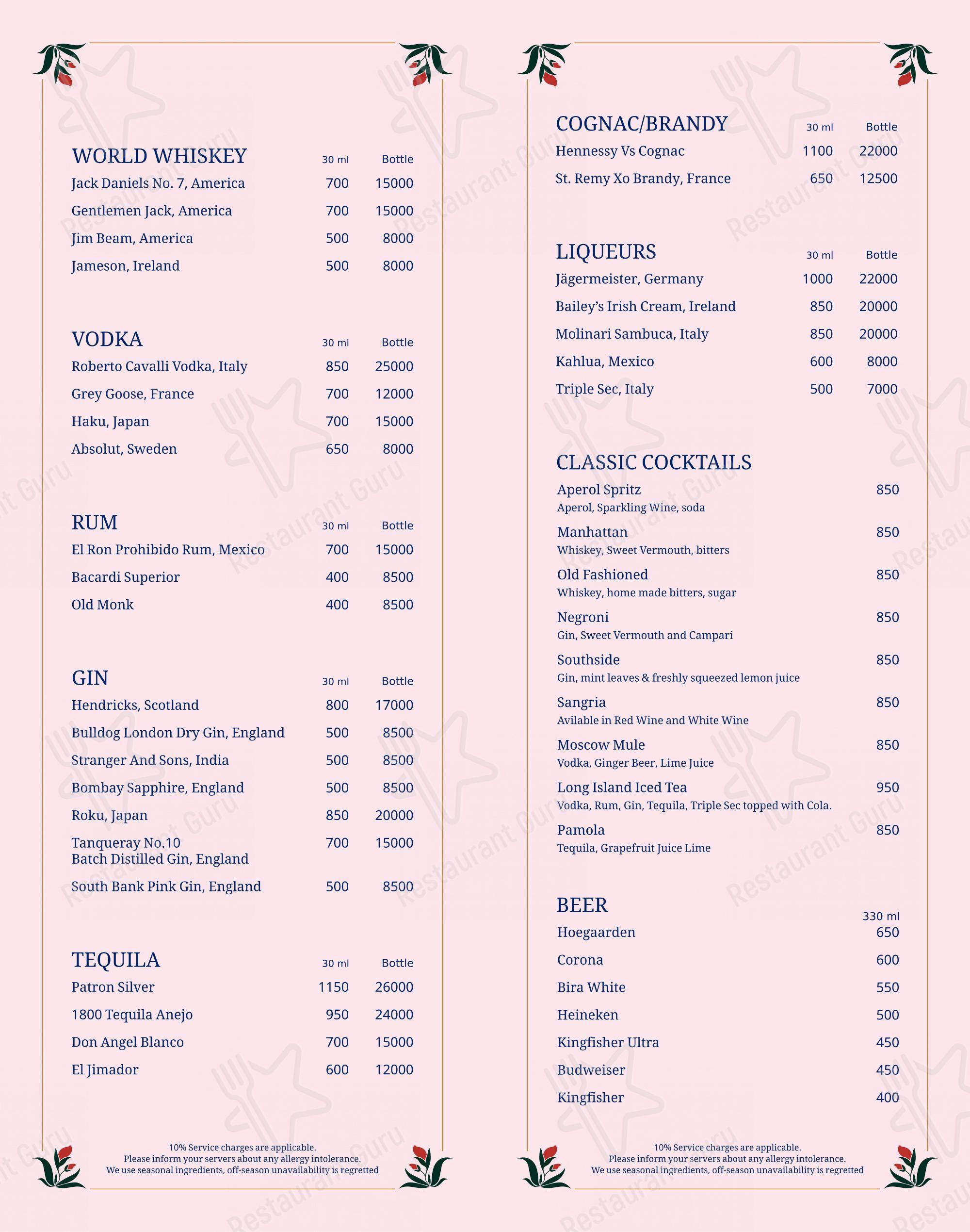 Menu at Tansen, Hyderabad, Sy No. 332 & 333