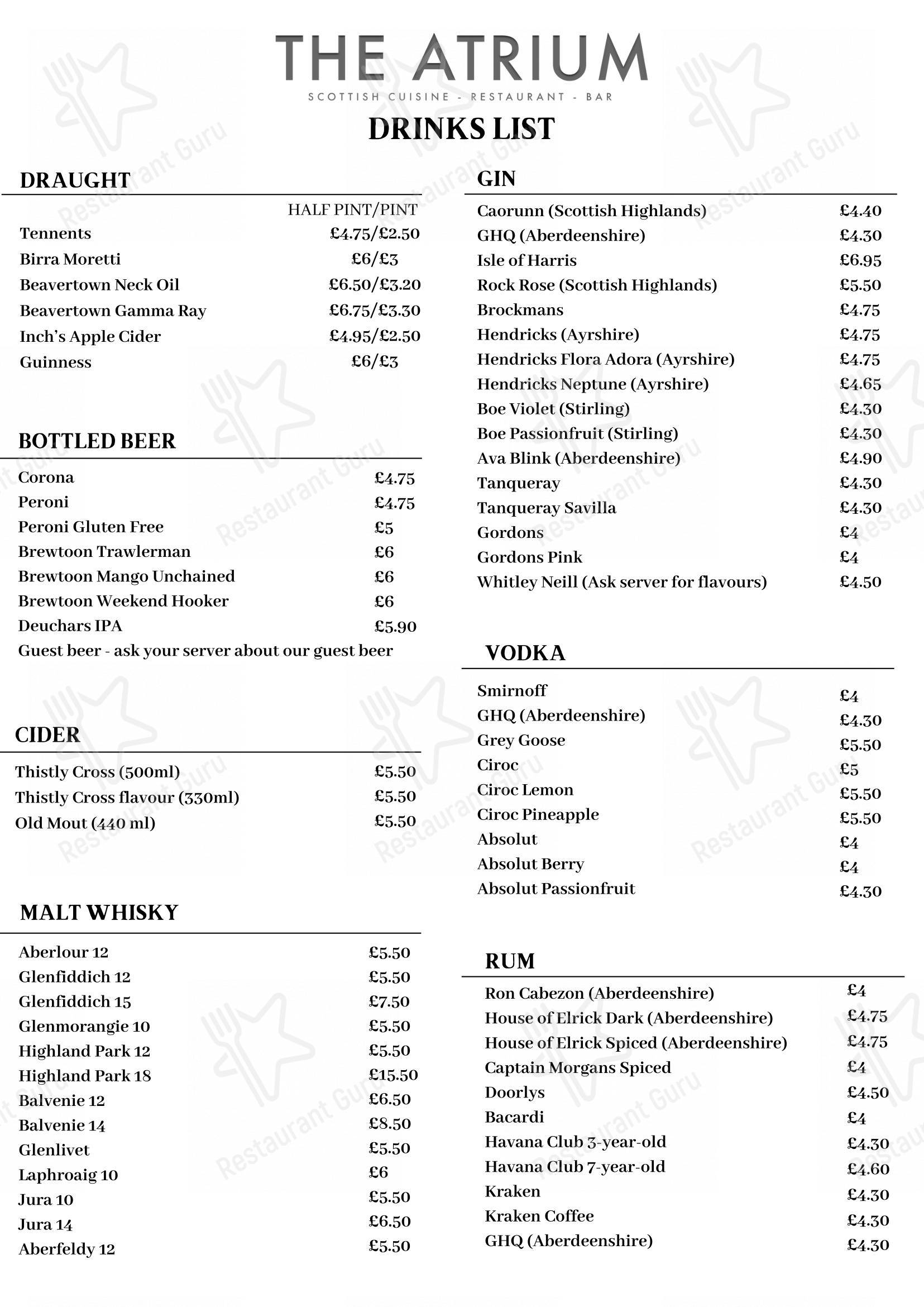 Menu at The Atrium Restaurant & Bar, Aberdeen