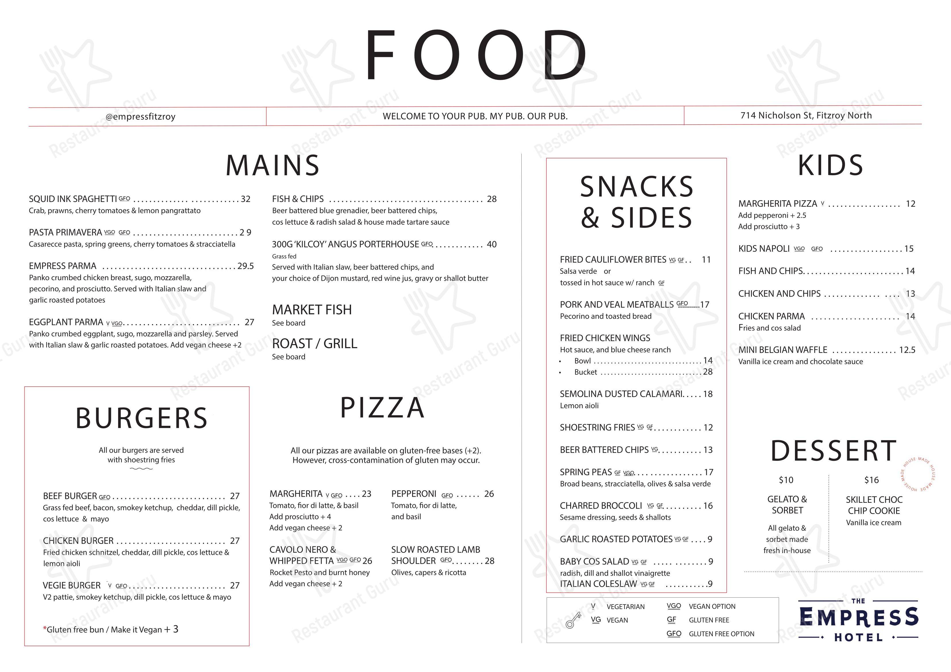 Menu at The Empress Hotel pub & bar, Fitzroy North