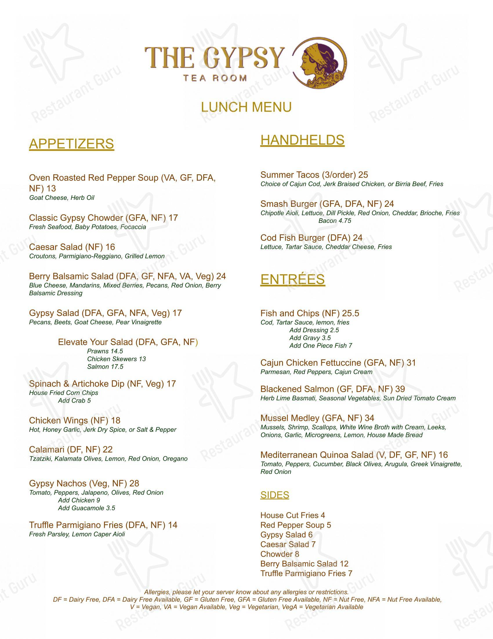 Menu at The Gypsy Tea Room restaurant, St. John's
