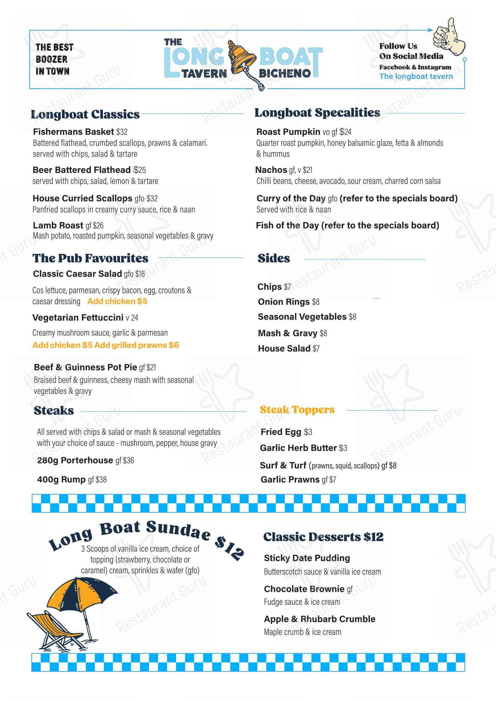 Menu at The Long Boat Tavern pub & bar, Bicheno