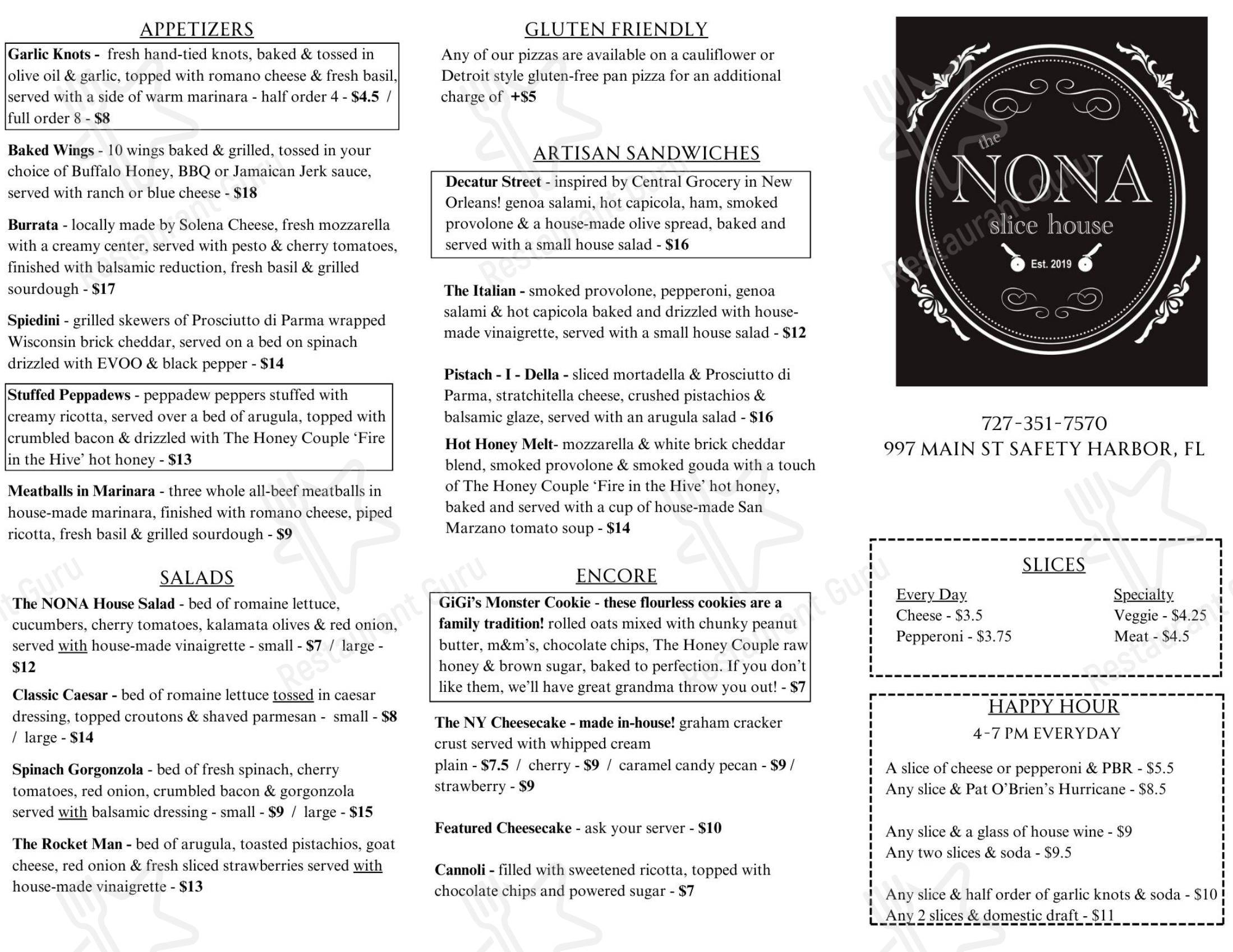 Menu at The NONA Slice House pizzeria, Safety Harbor