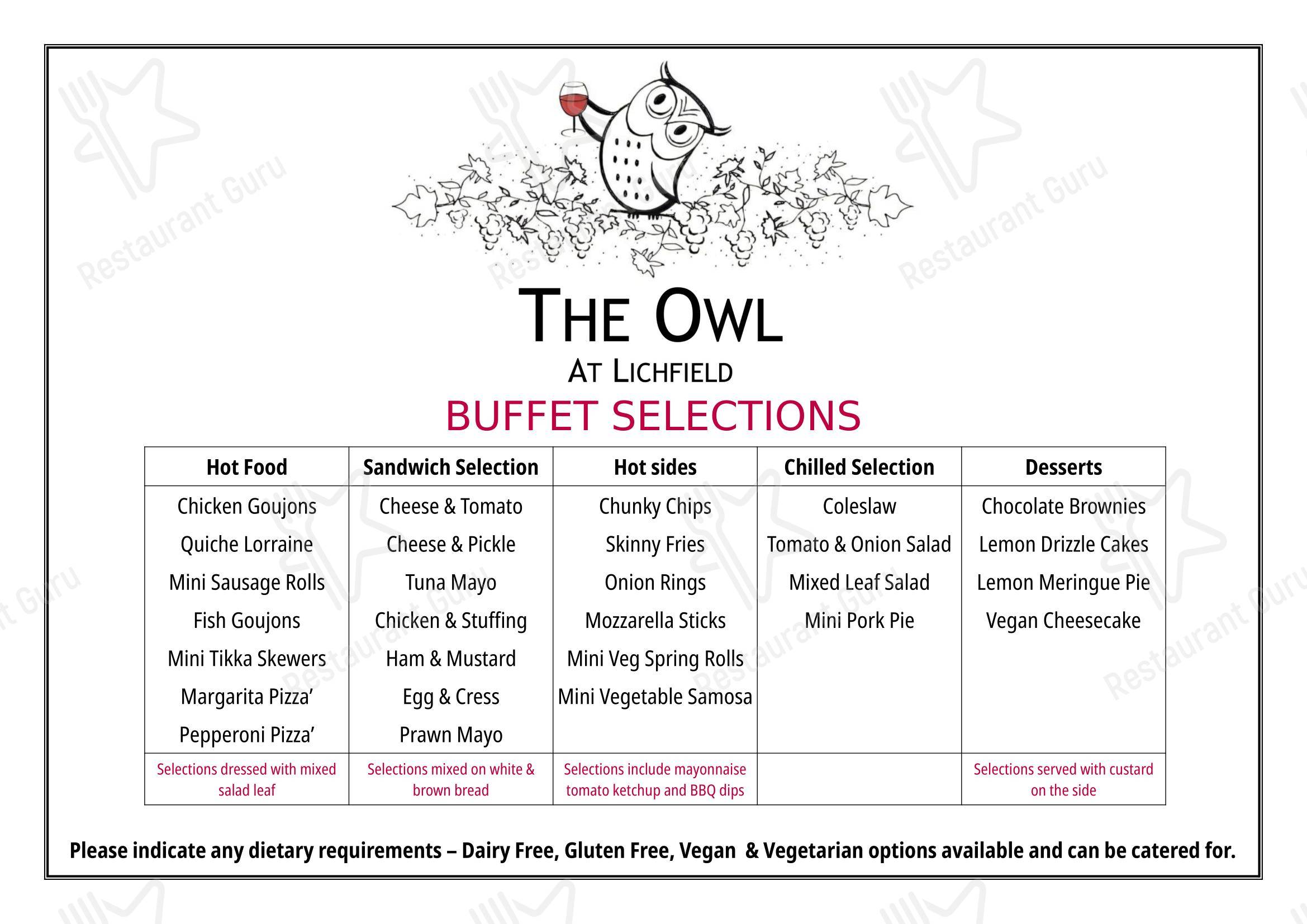 Menu at The Owl at Lichfield pub & bar, Lichfield