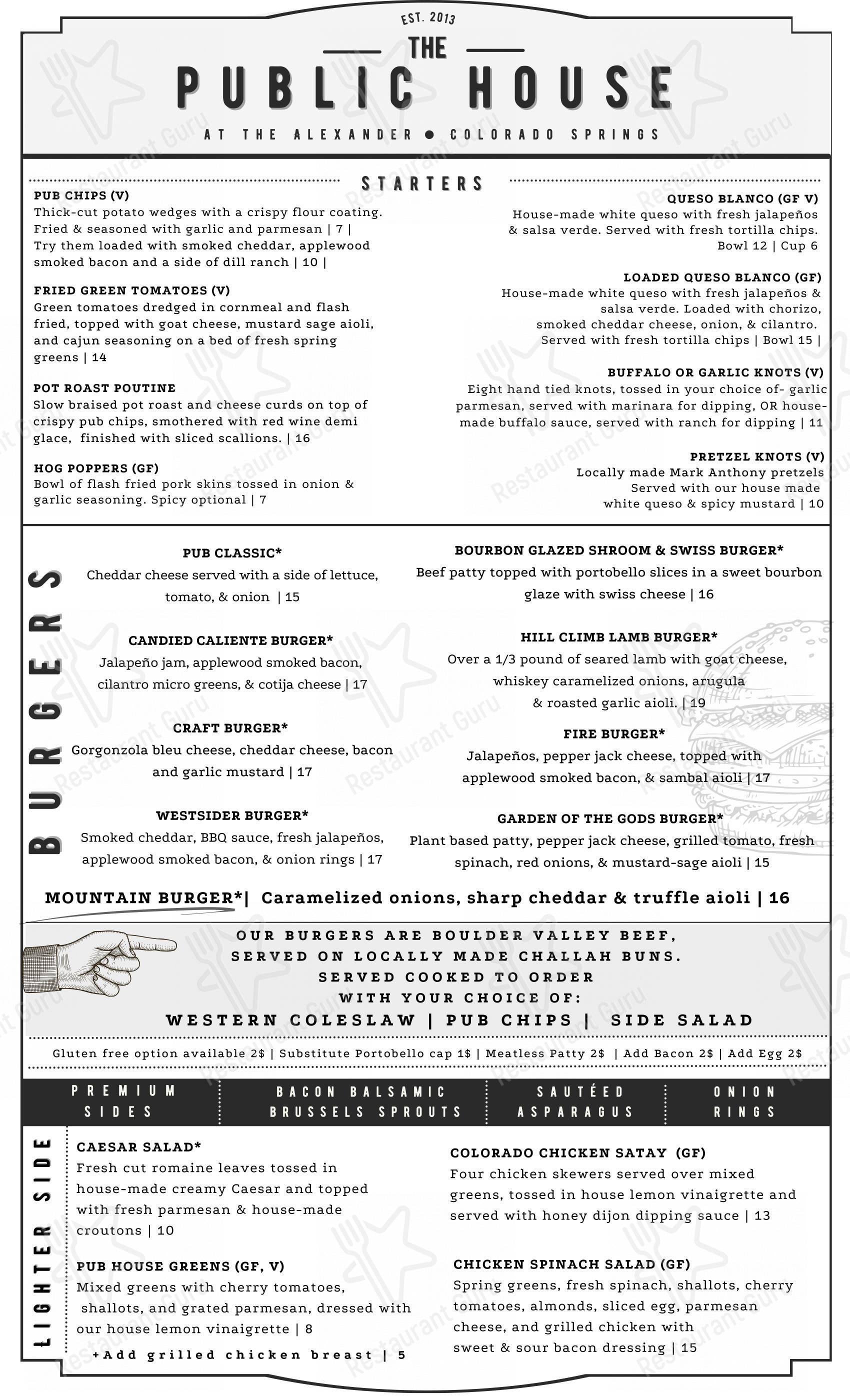 Menu at The Public House, Colorado Springs
