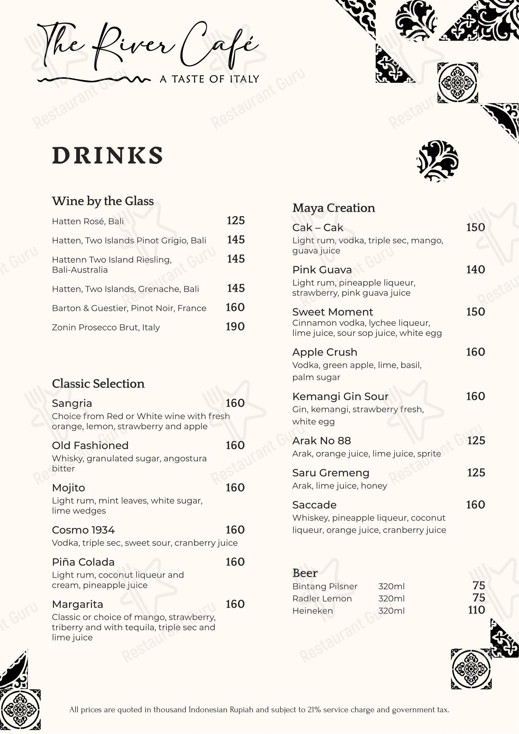 Menu at The River Café at Maya Ubud restaurant, Ubud, Jl. Gn. Sari