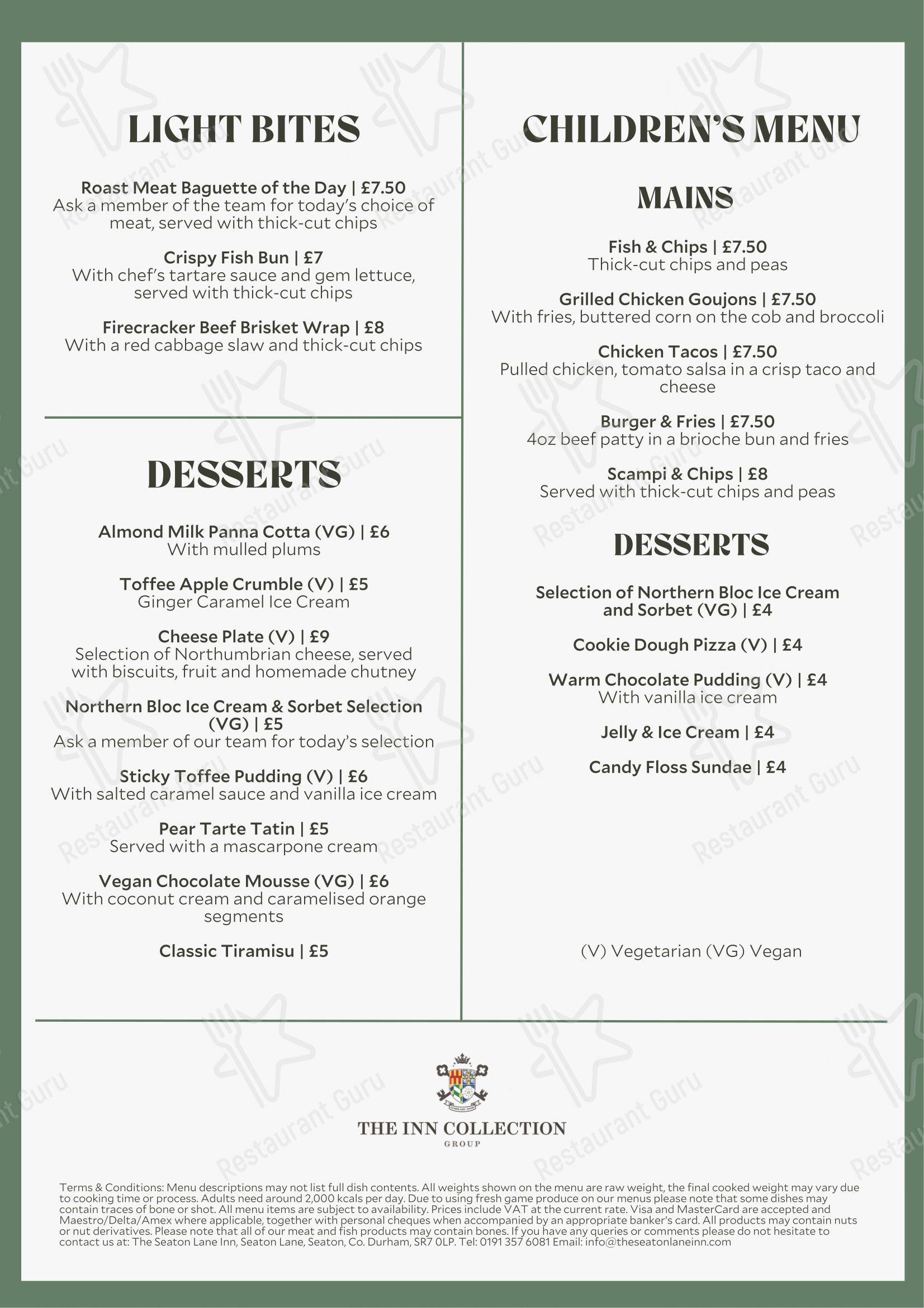 Menu at The Seaton Lane Inn pub & bar, Seaham