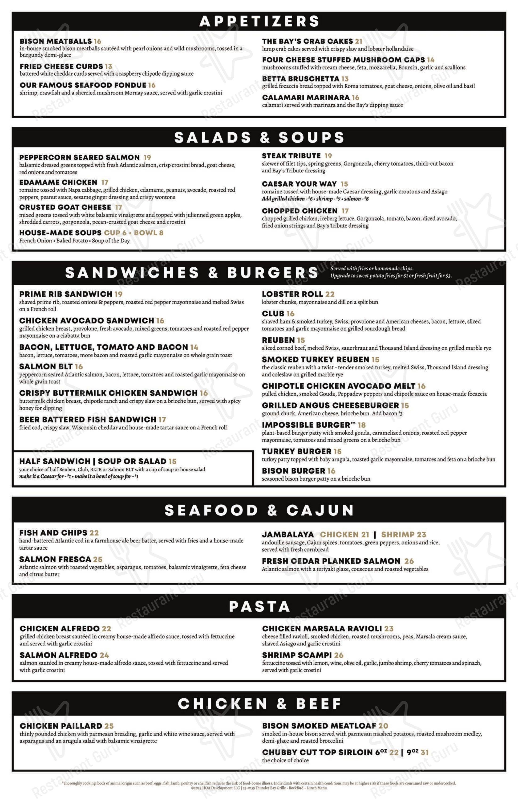 Menu at Thunder Bay Grille Rockford steakhouse, Rockford