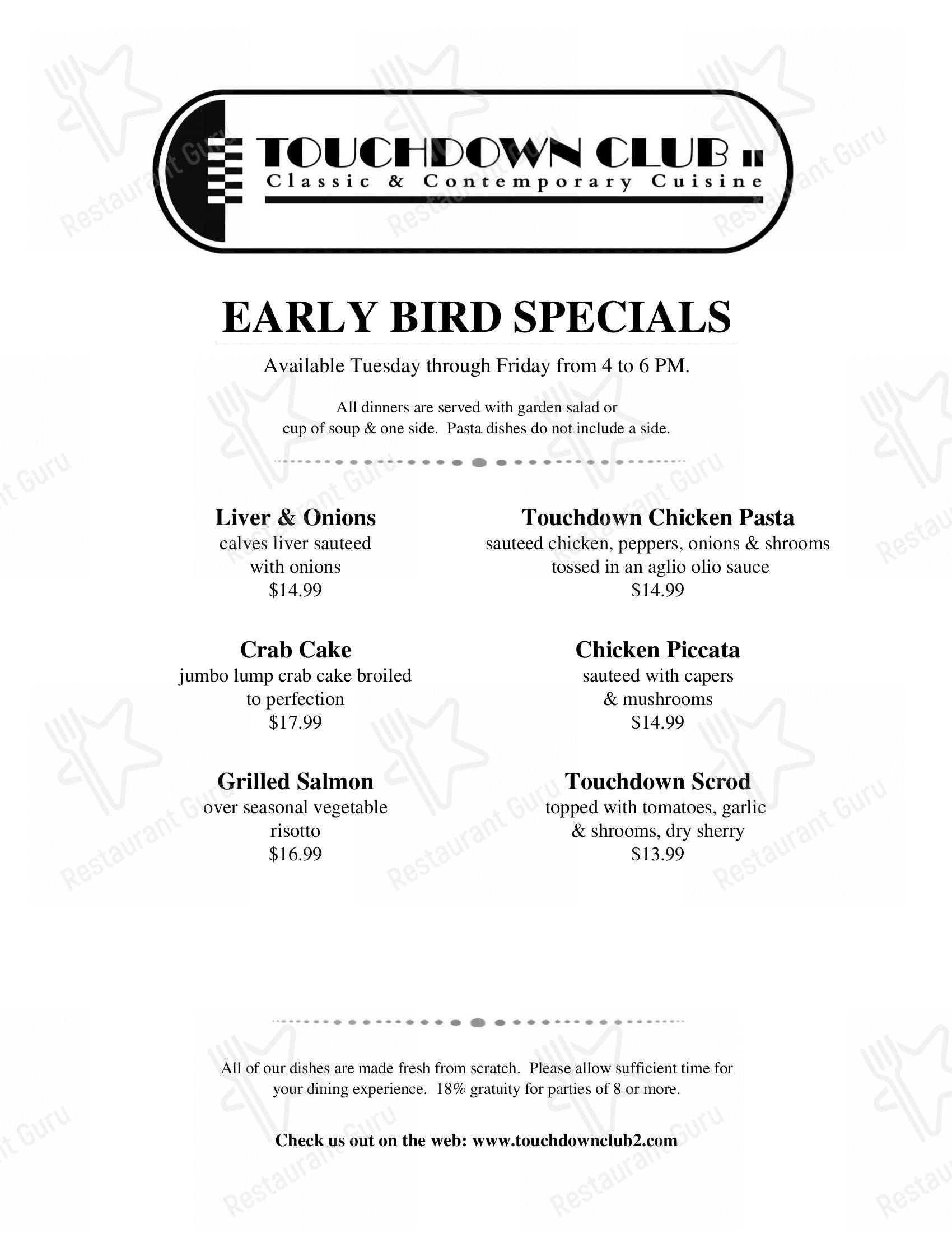 Menu at Touchdown Club II, Latrobe