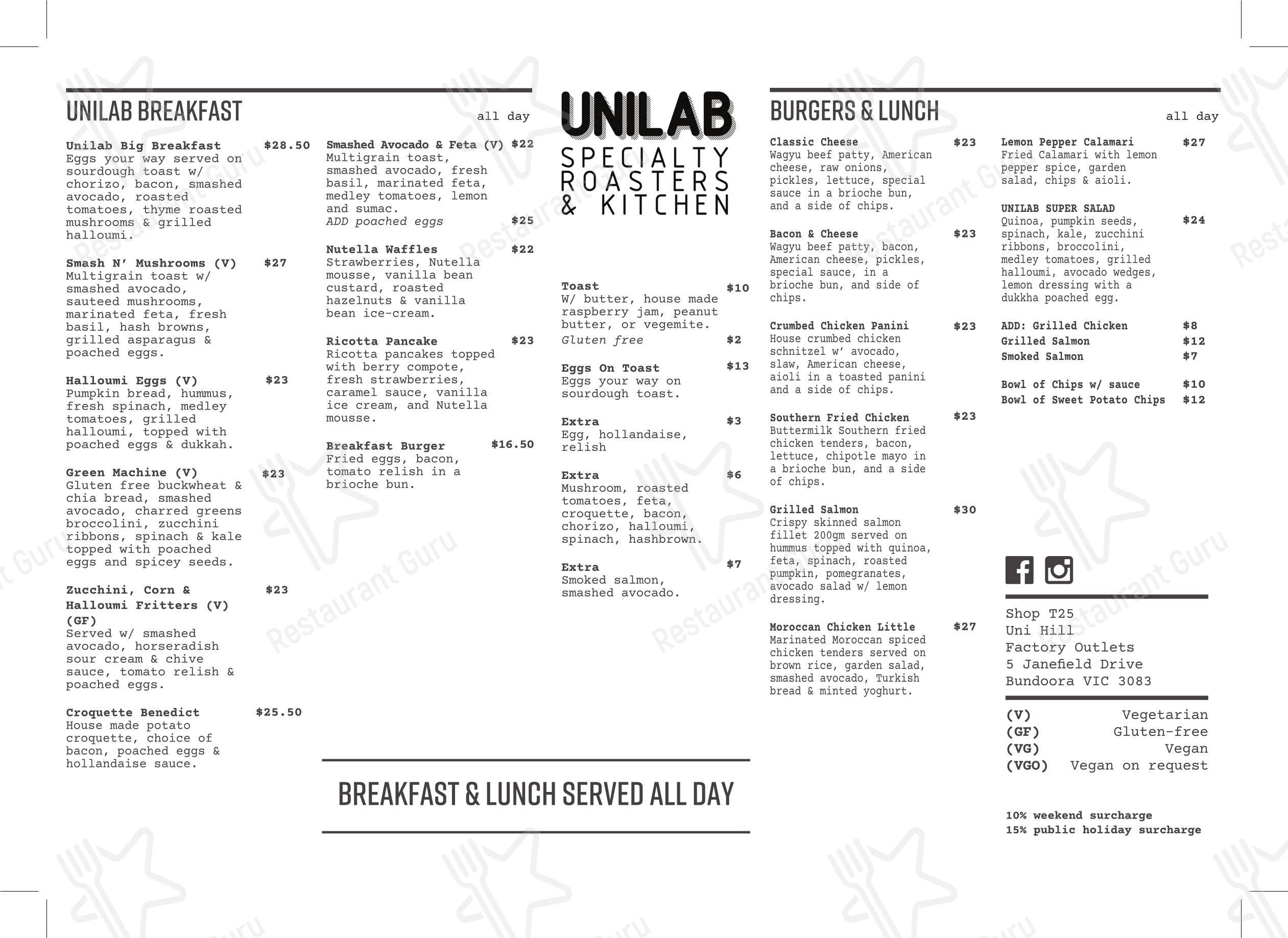 Menu at Unilab Specialty Roasters & Kitchen cafe, Bundoora