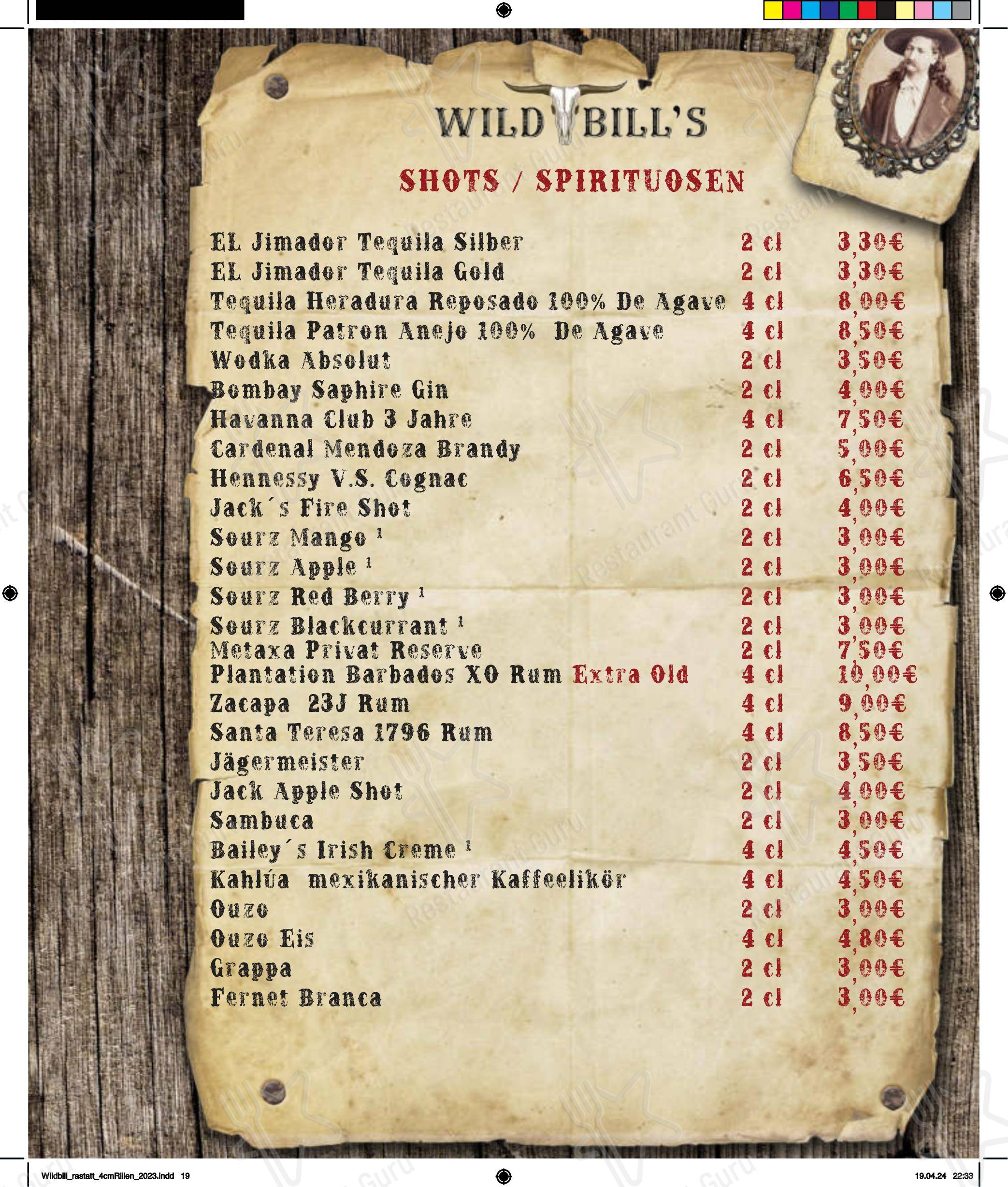 Speisekarte von WILD BILL´S SALOON steakhaus, Rastatt