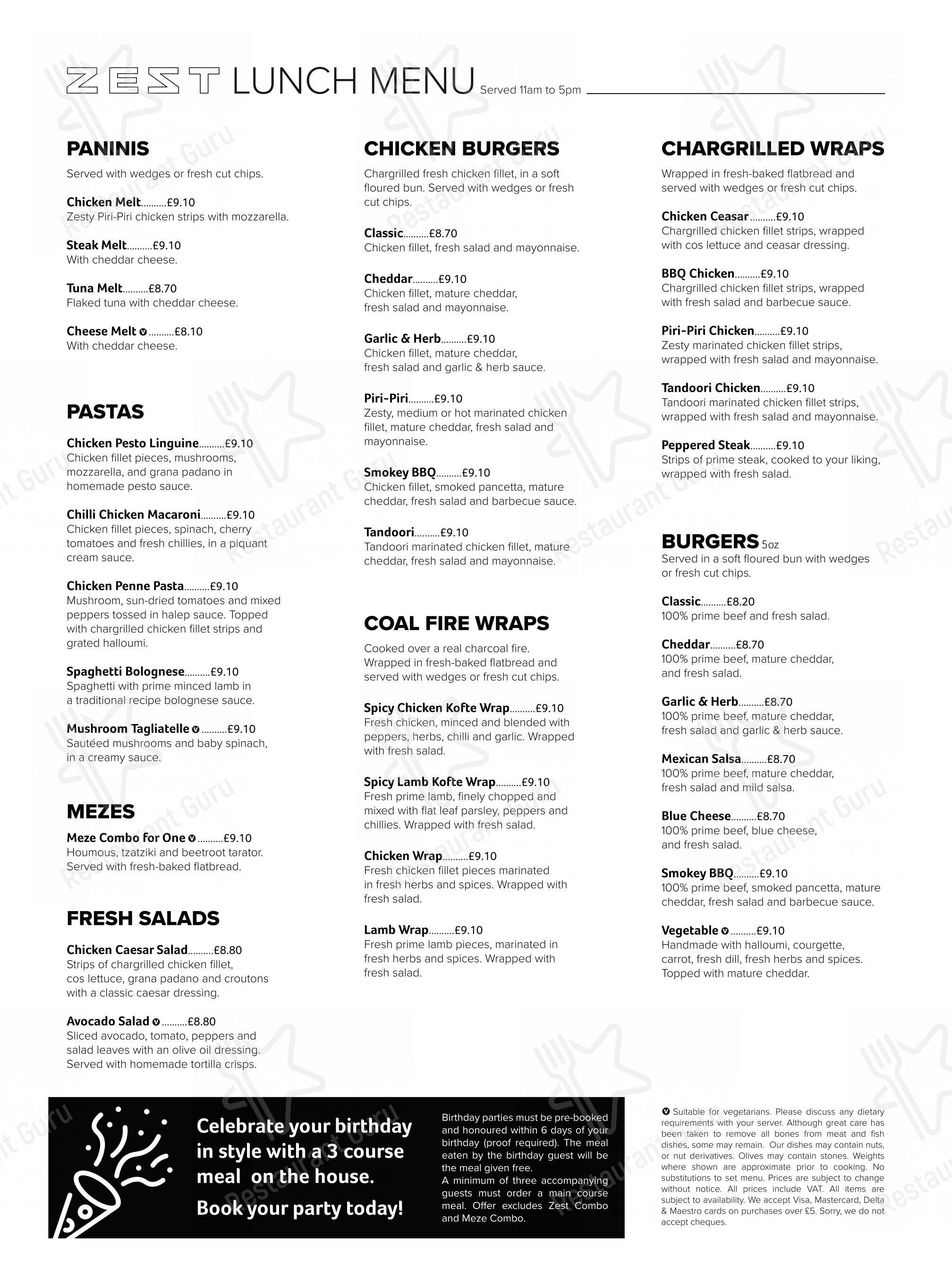 Menu at Zest Bar & Grill, Doncaster