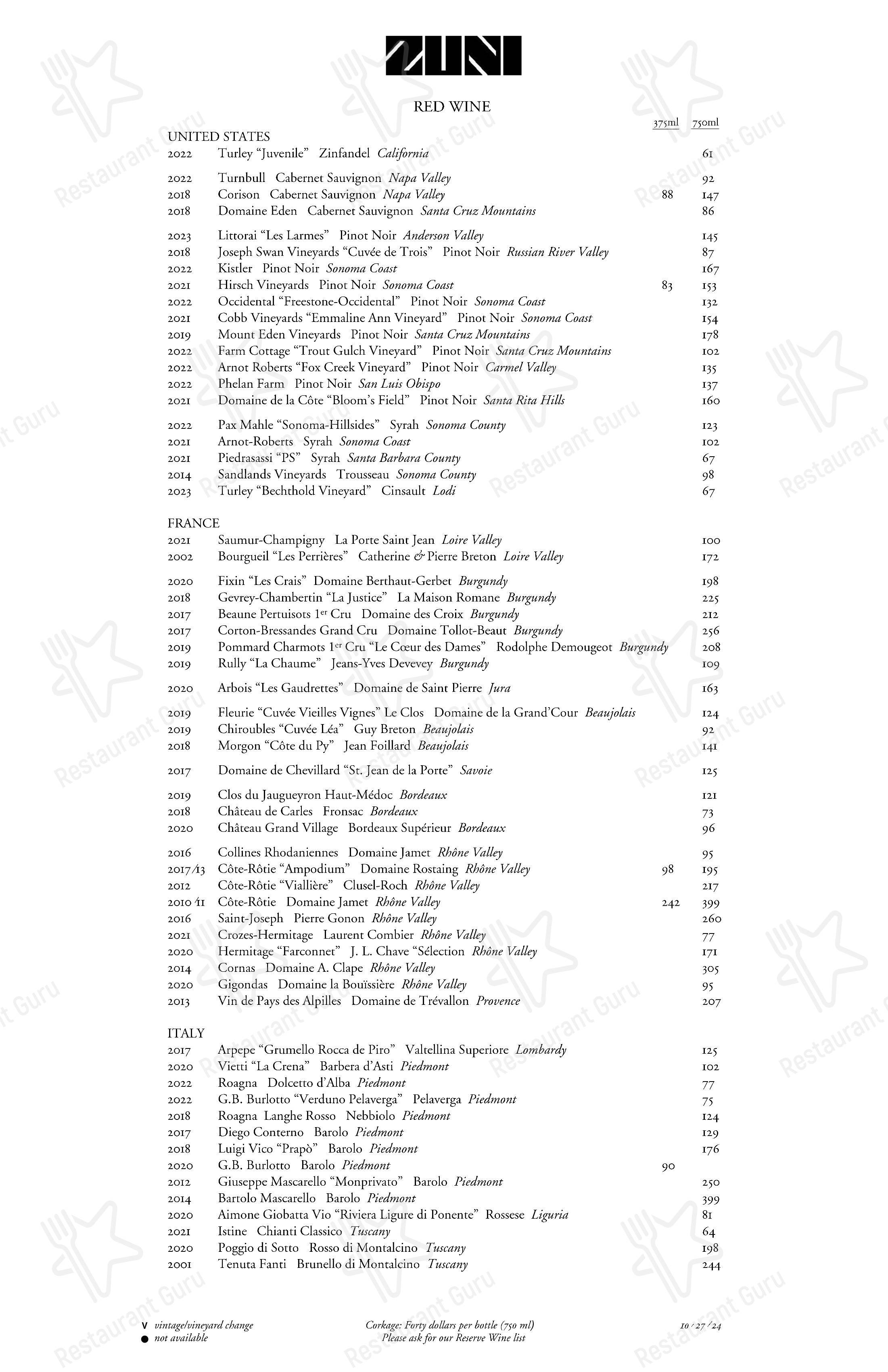 Menu at Zuni Café restaurant, San Francisco
