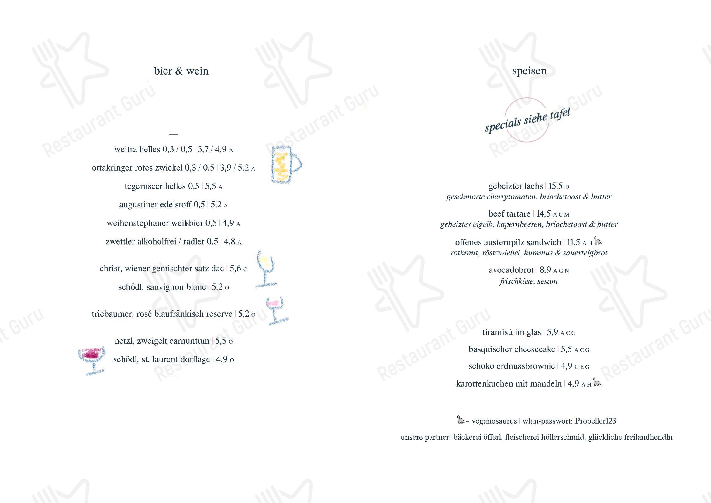 Speisekarte von Cafe Propeller, Wien