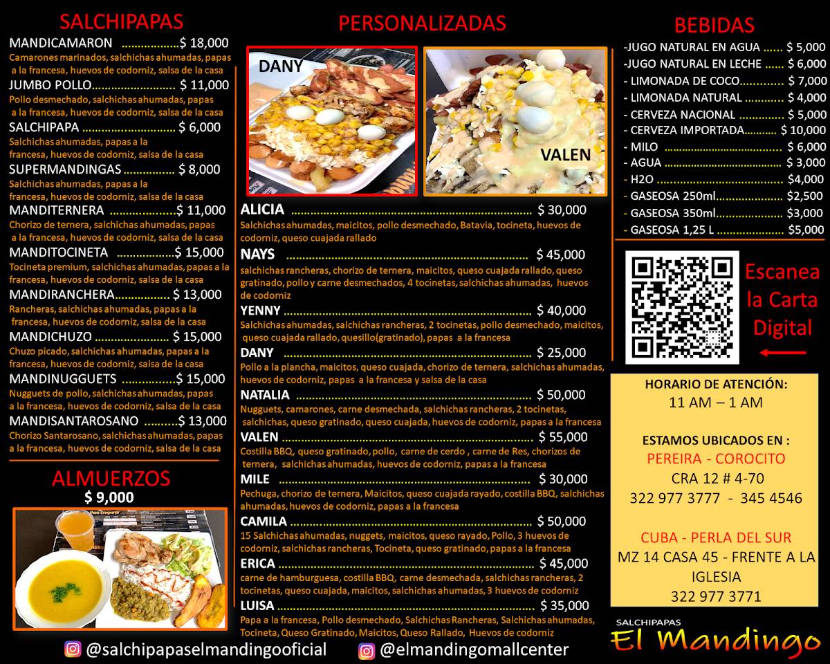Menu at Salchipapas el Mandingo Cuba restaurant, Pereira