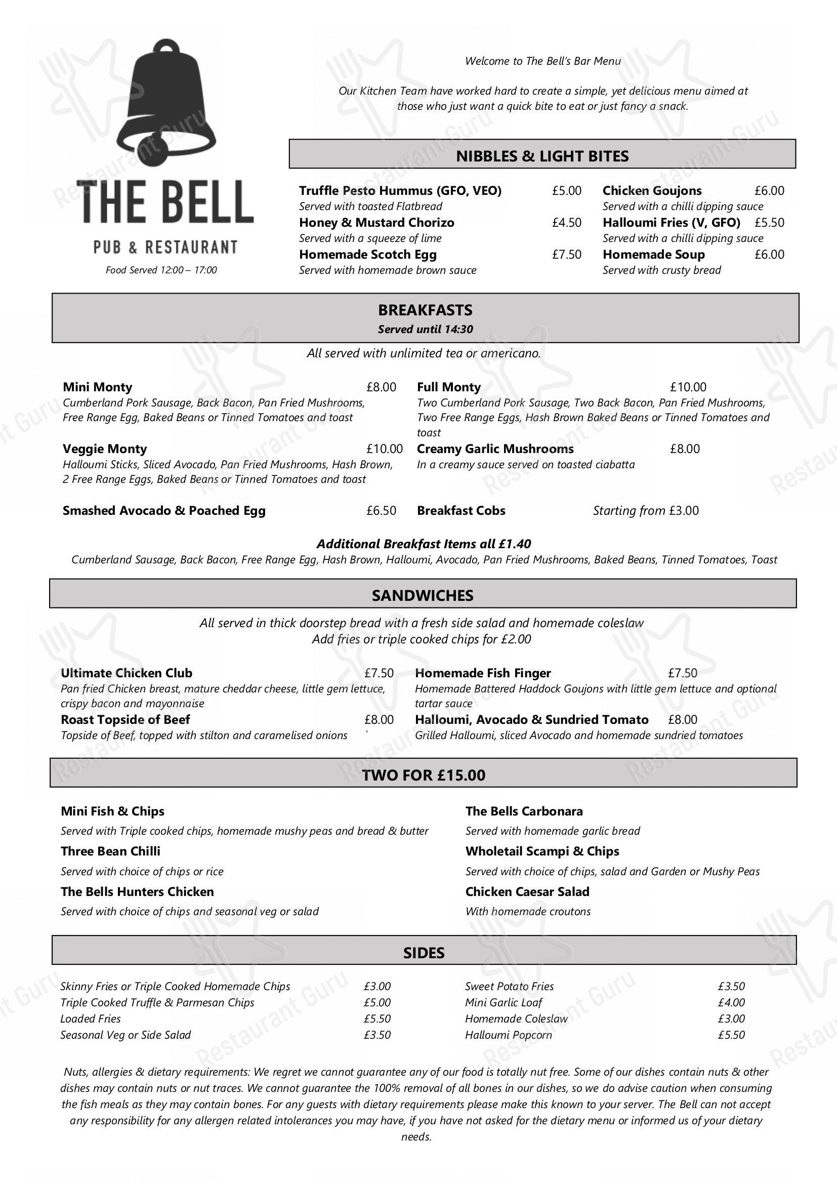 Menu at The Bell pub & bar, Stanley Common