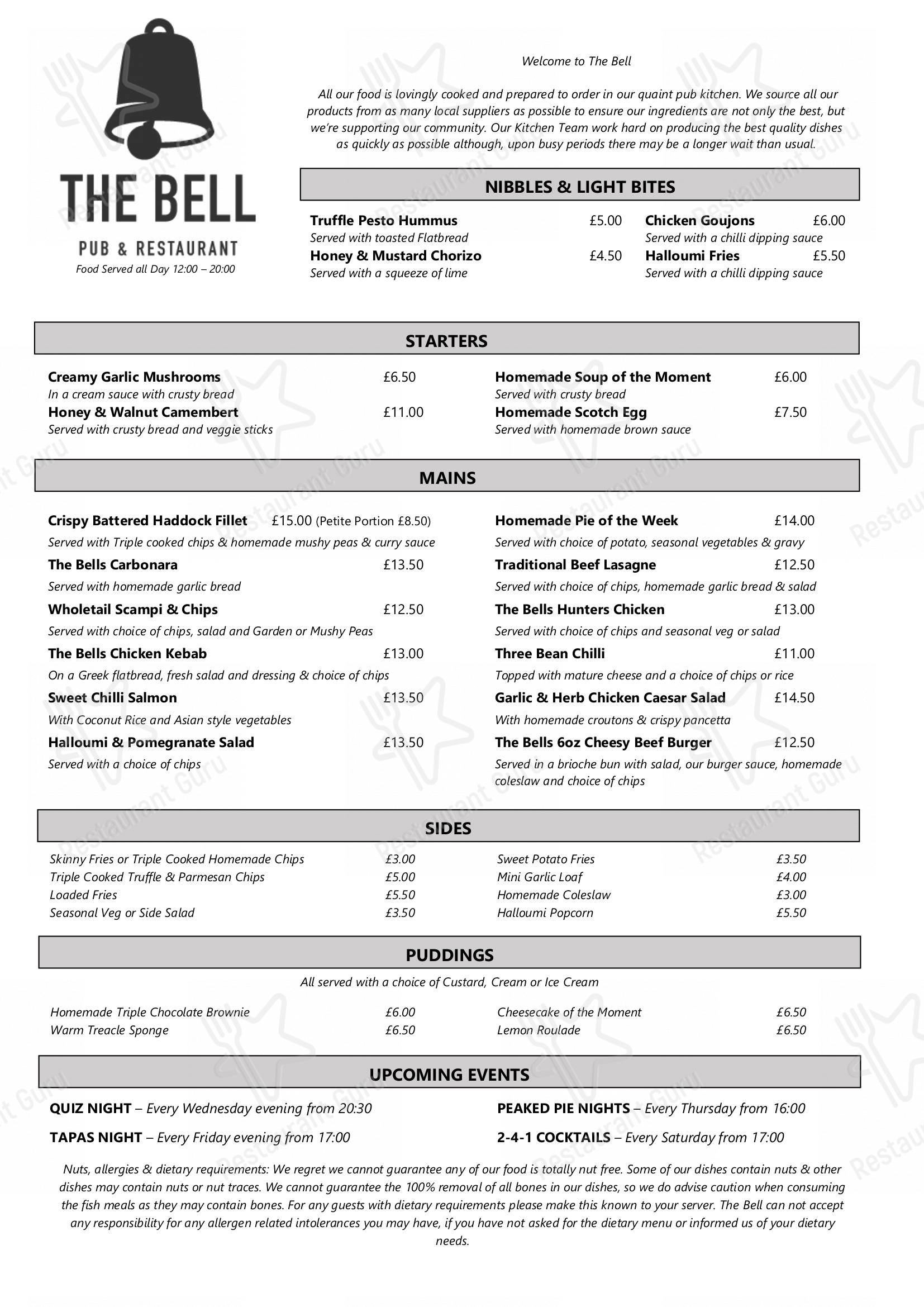 Menu at The Bell pub & bar, Stanley Common