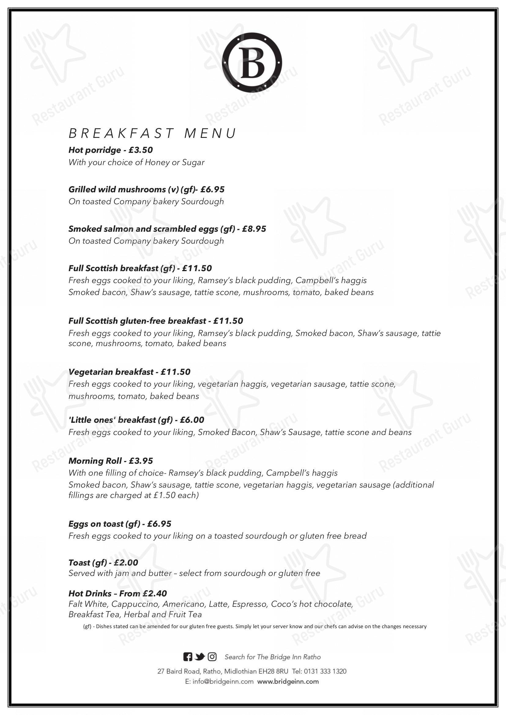 Menu at The Bridge Inn pub & bar, Ratho