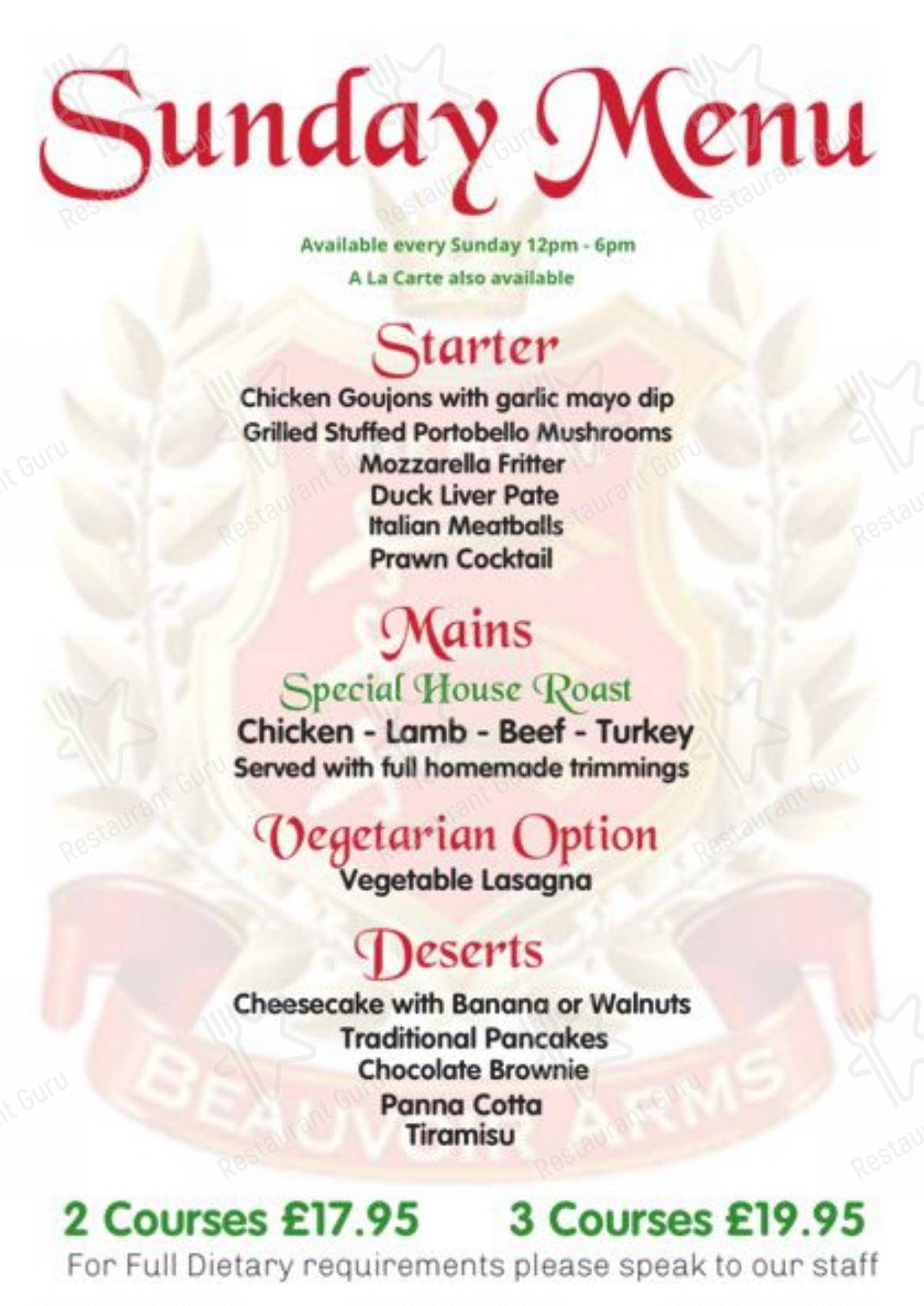 Menu at Beauvoir Arms restaurant, Ramsden Heath