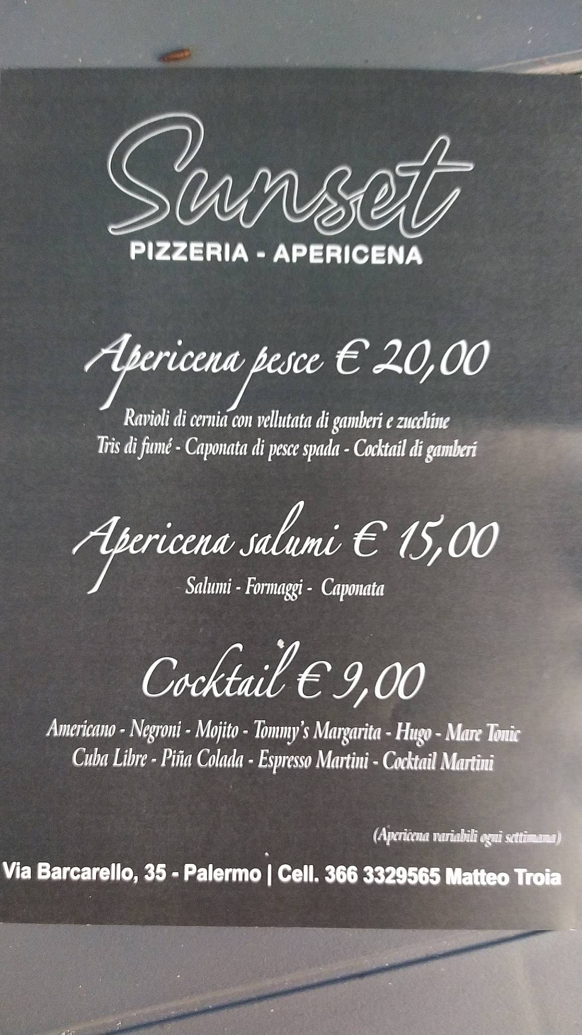 Speisekarte von sunset apericena pizzeria, Palermo