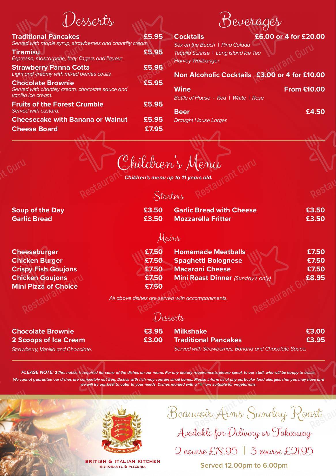 Menu at Beauvoir Arms restaurant, Ramsden Heath