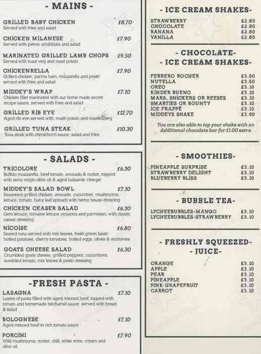 Menu at Middeys Brasserie restaurant, Barnet, 11 Cockfosters Parade