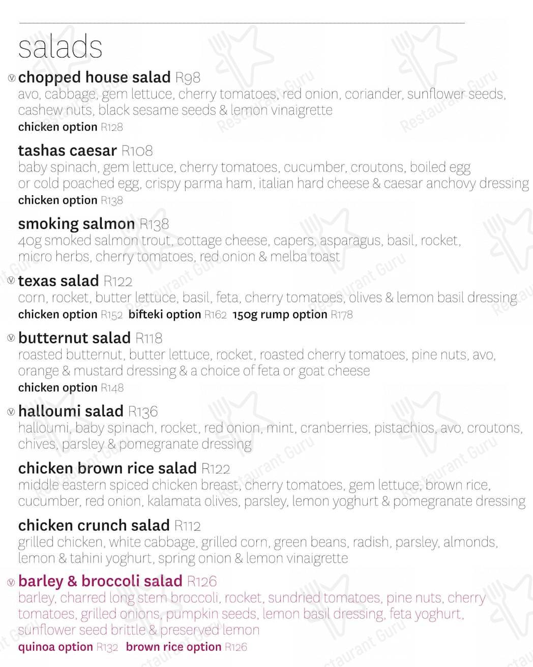 Menu at tashas Gateway restaurant, Umhlanga, Shop G12